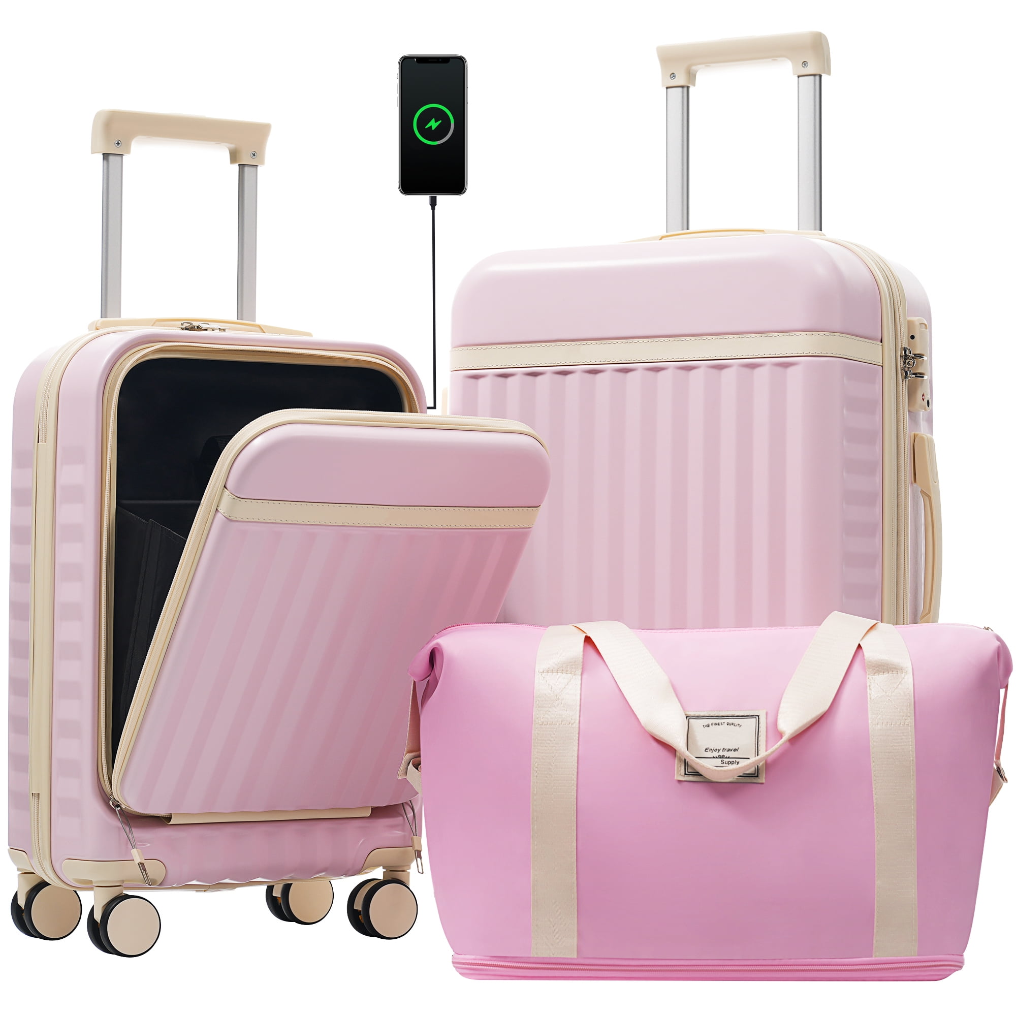 Front Opening Luggage Set 3 Piece, Hardside Carry on Suitcase with USB ...