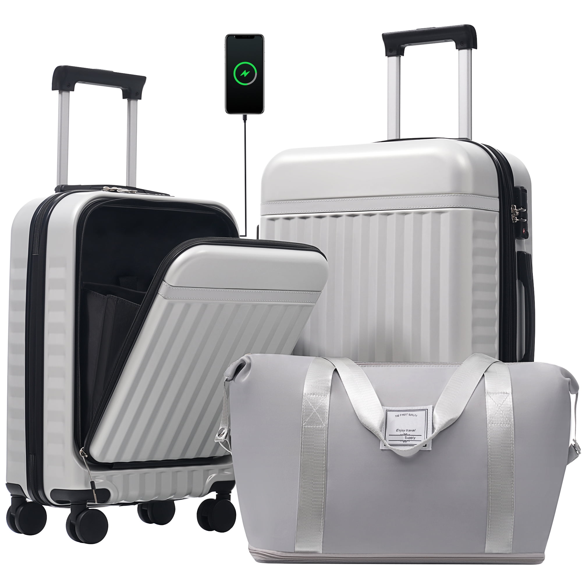 Front Opening Luggage Set 3 Piece, Hardside Carry on Suitcase with USB ...
