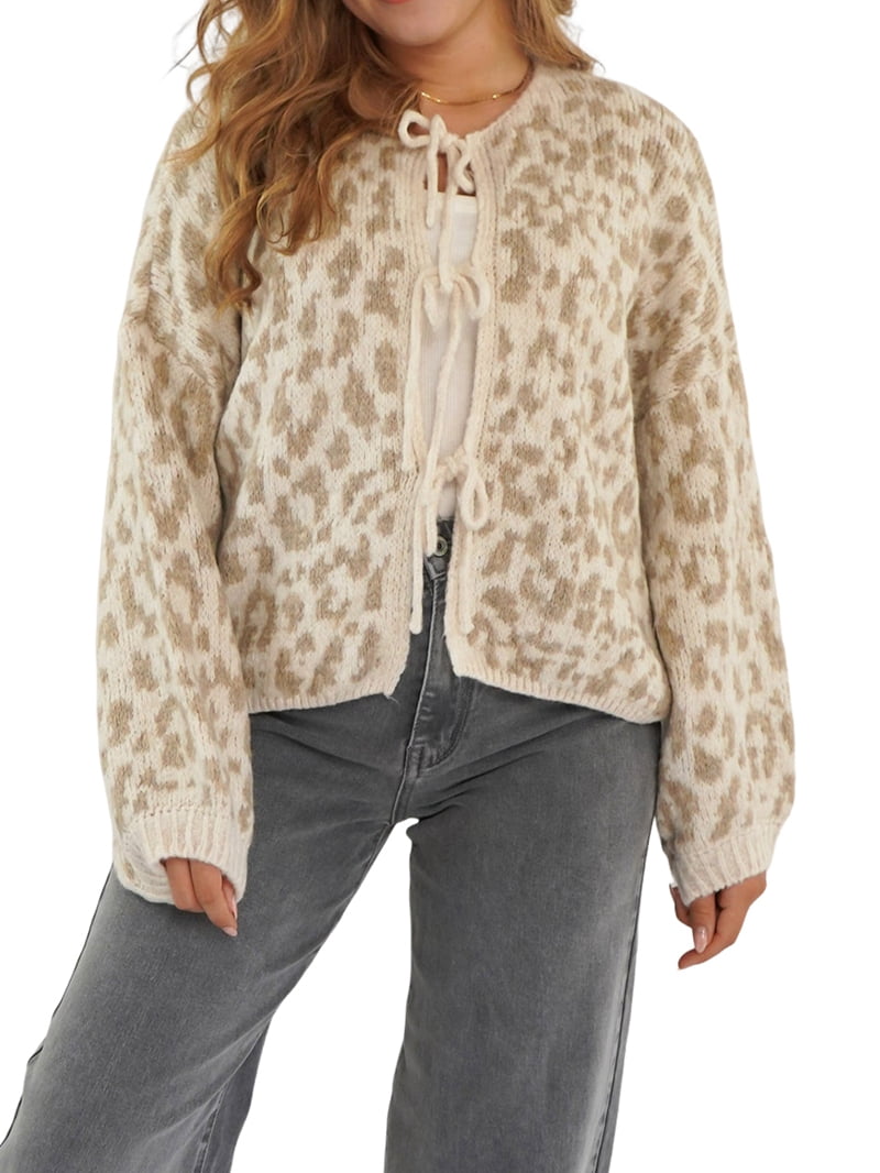 Front Tie Cardigan Sweaters for Women Vintage Leopard Print Knot ...