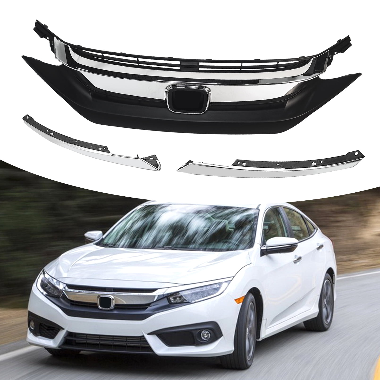 Front Upper Bumper Chrome Grill For 2016 2017 2018 Honda Civic 10th Sedan OE Mesh Grille W ...