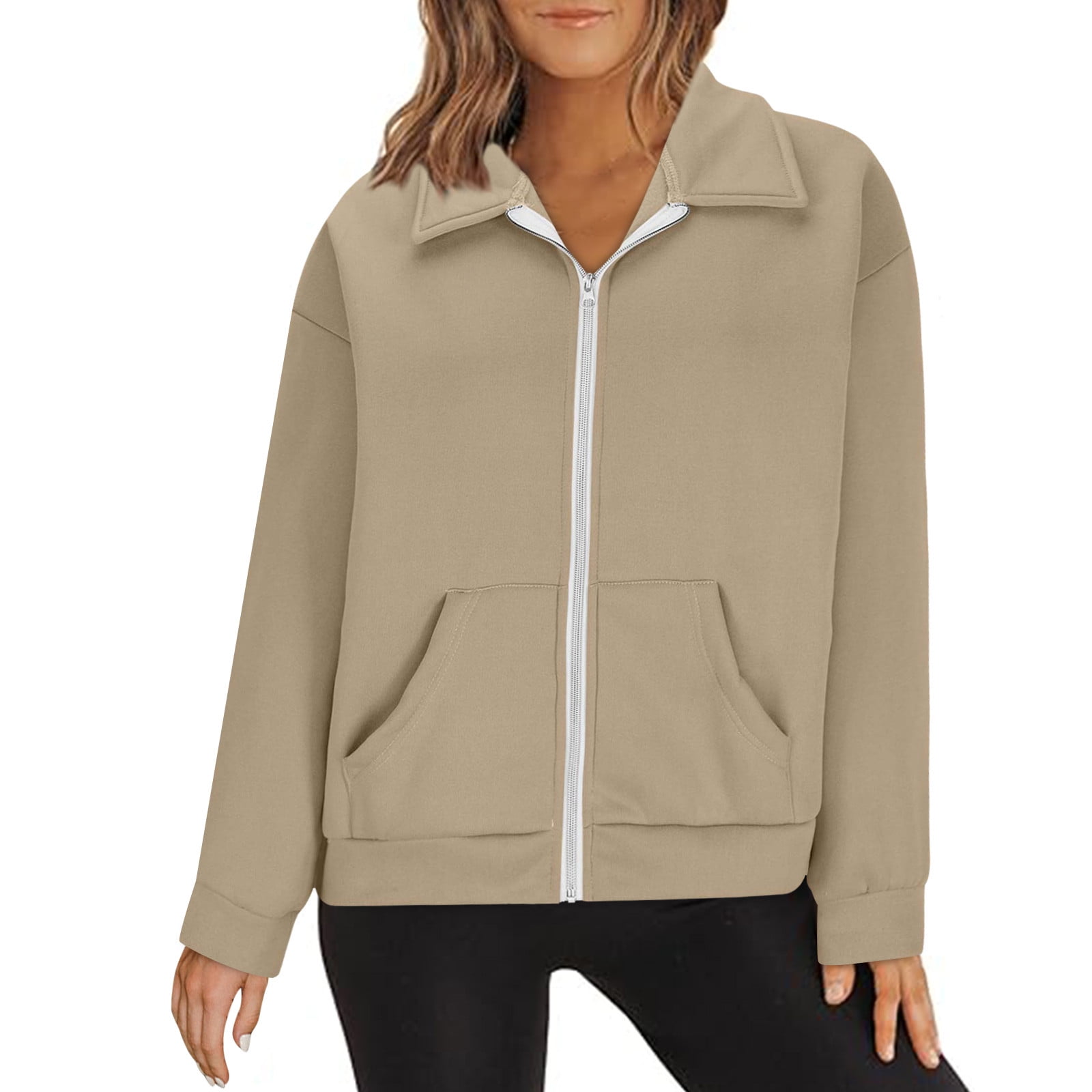Front Zip Sweatshirts Womens without Hood Cotton Warm Comfy Zipper Fall ...