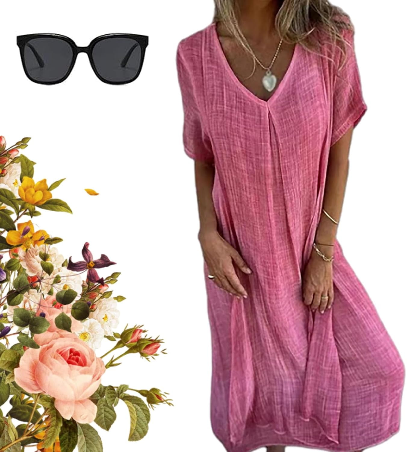 Frontaley Cotton and Linen V-Neck Midi Dress, Frontaley A Line Linen ...