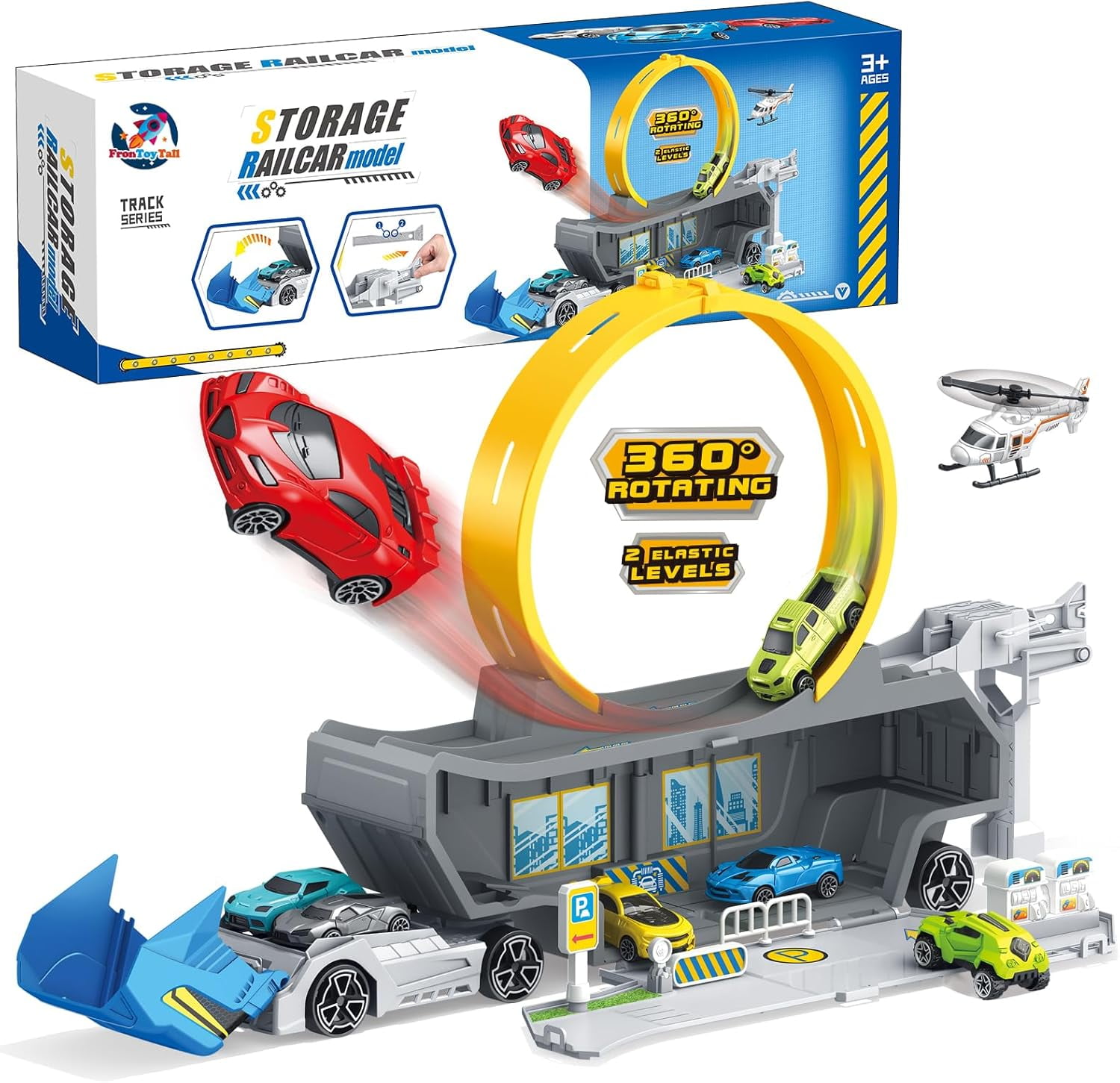 Frontoytall Race Car Track Set with Loops, Launcher & Toy Truck Carrier ...