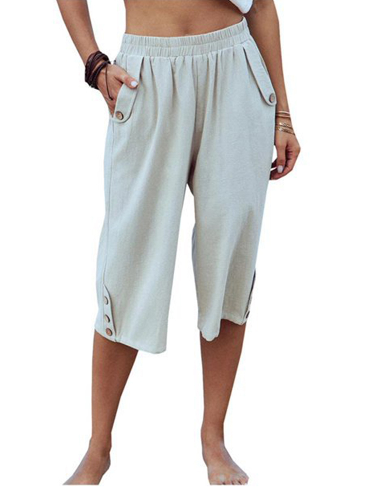 symoid Cotton Linen Capris Pants for Women- Casual Solid with Pockets ...