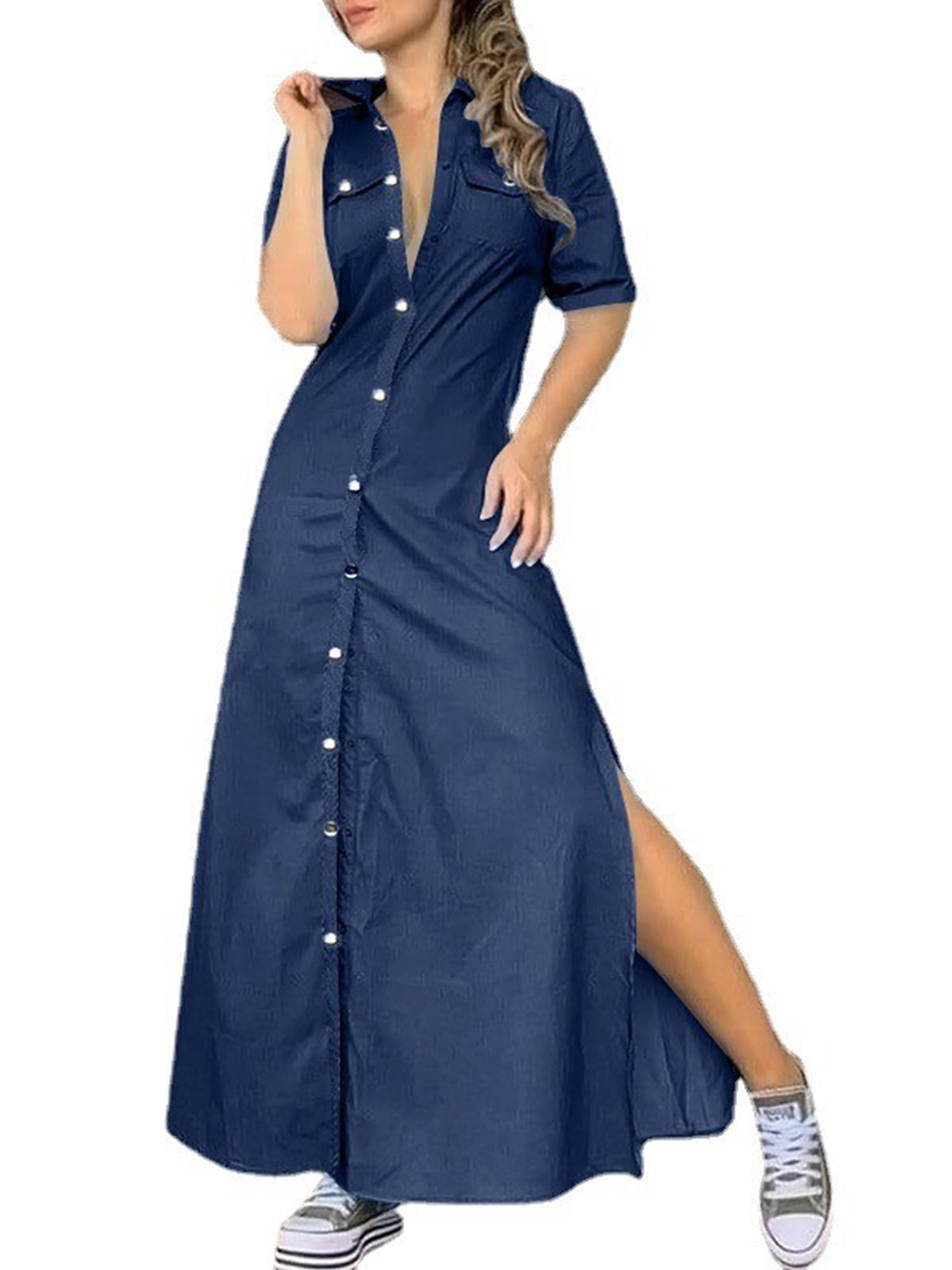 Frontwalk Chic Maxi Dress For Women Button Down Split Hem Dresses Short ...