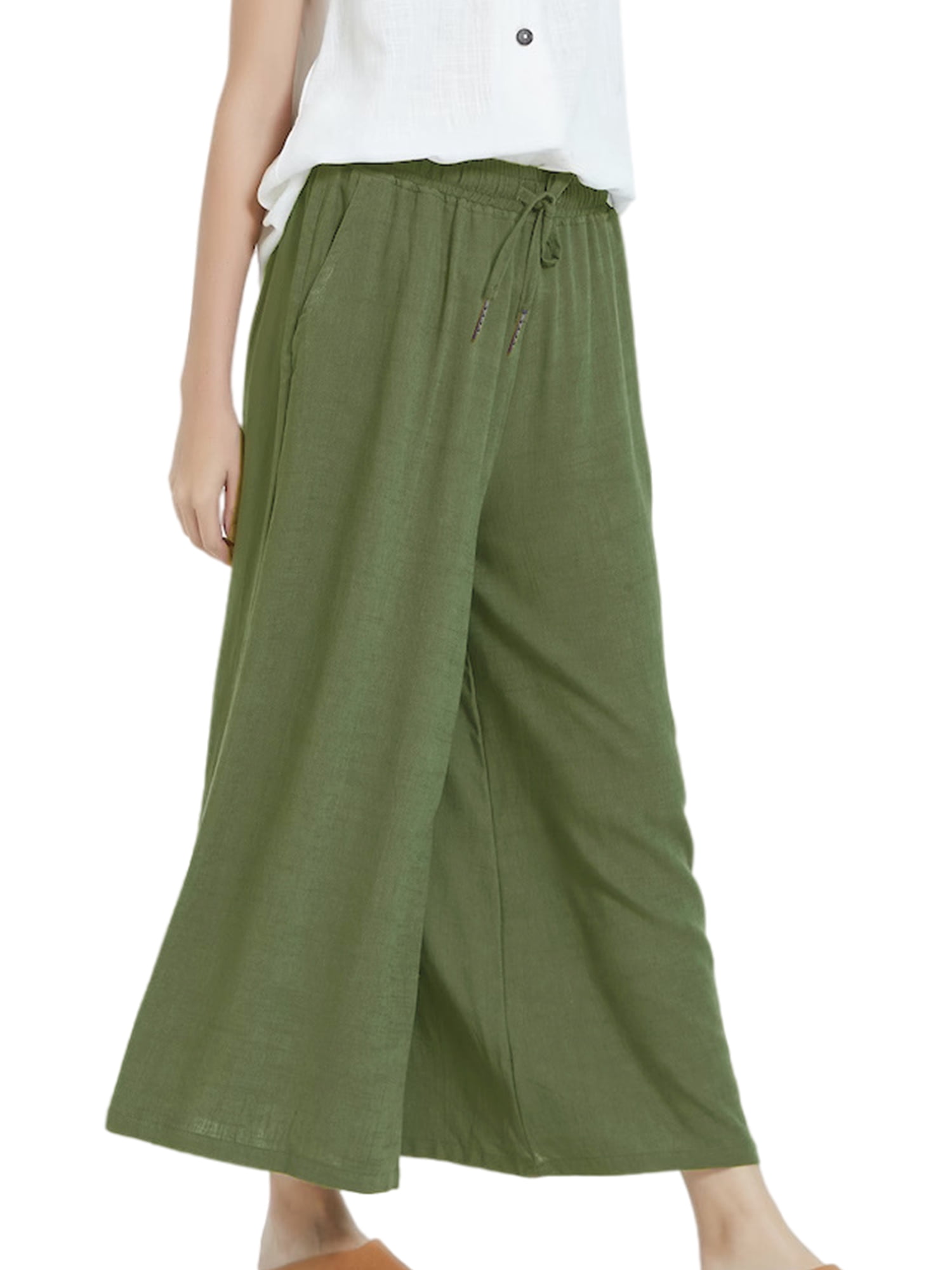 Frontwalk Crop Pants for Women Cotton Linen Wide Leg Pants with Pockets ...
