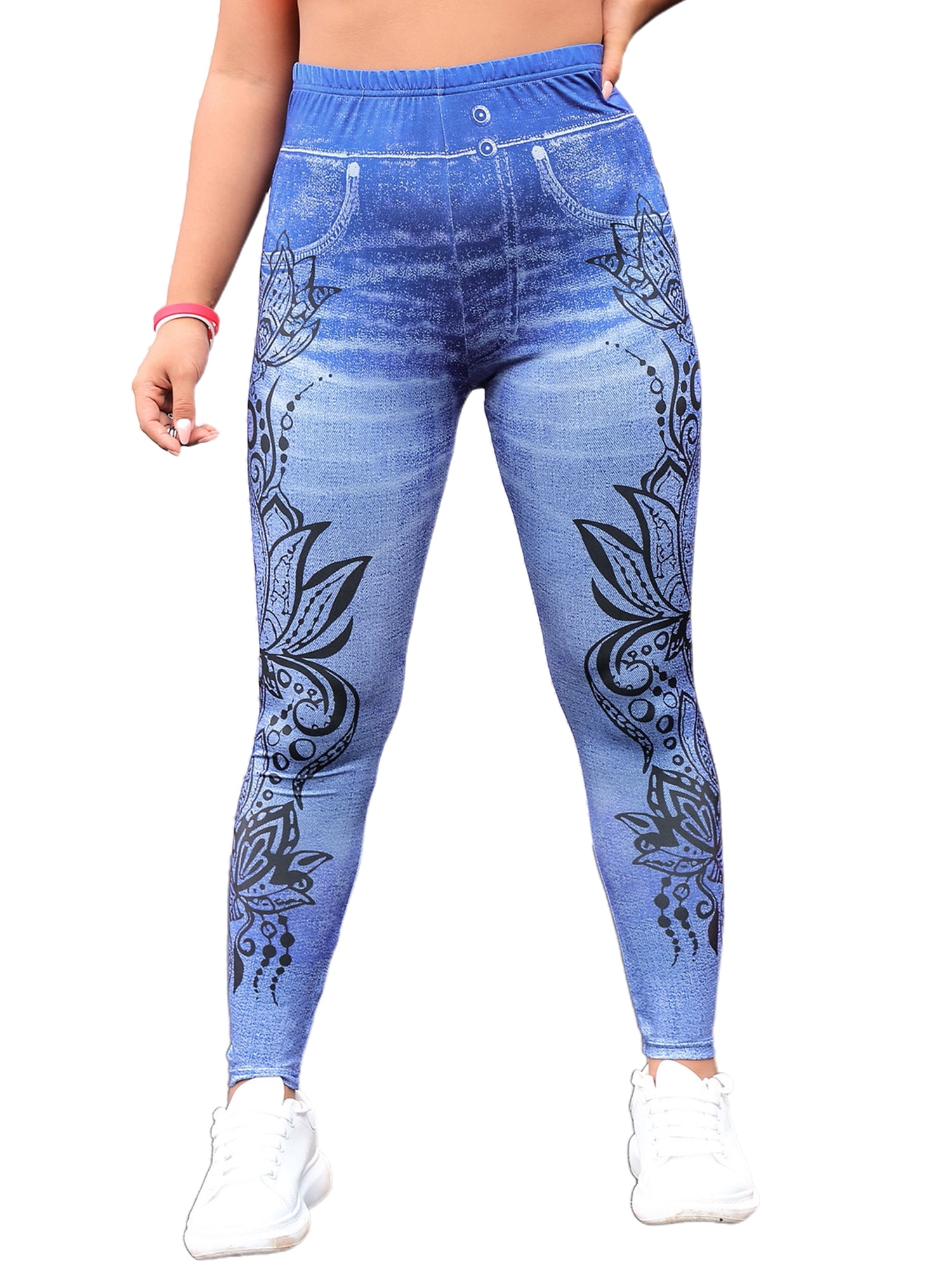Frontwalk Jean Leggings for Women Plus Size Butterfly Printed Fake ...