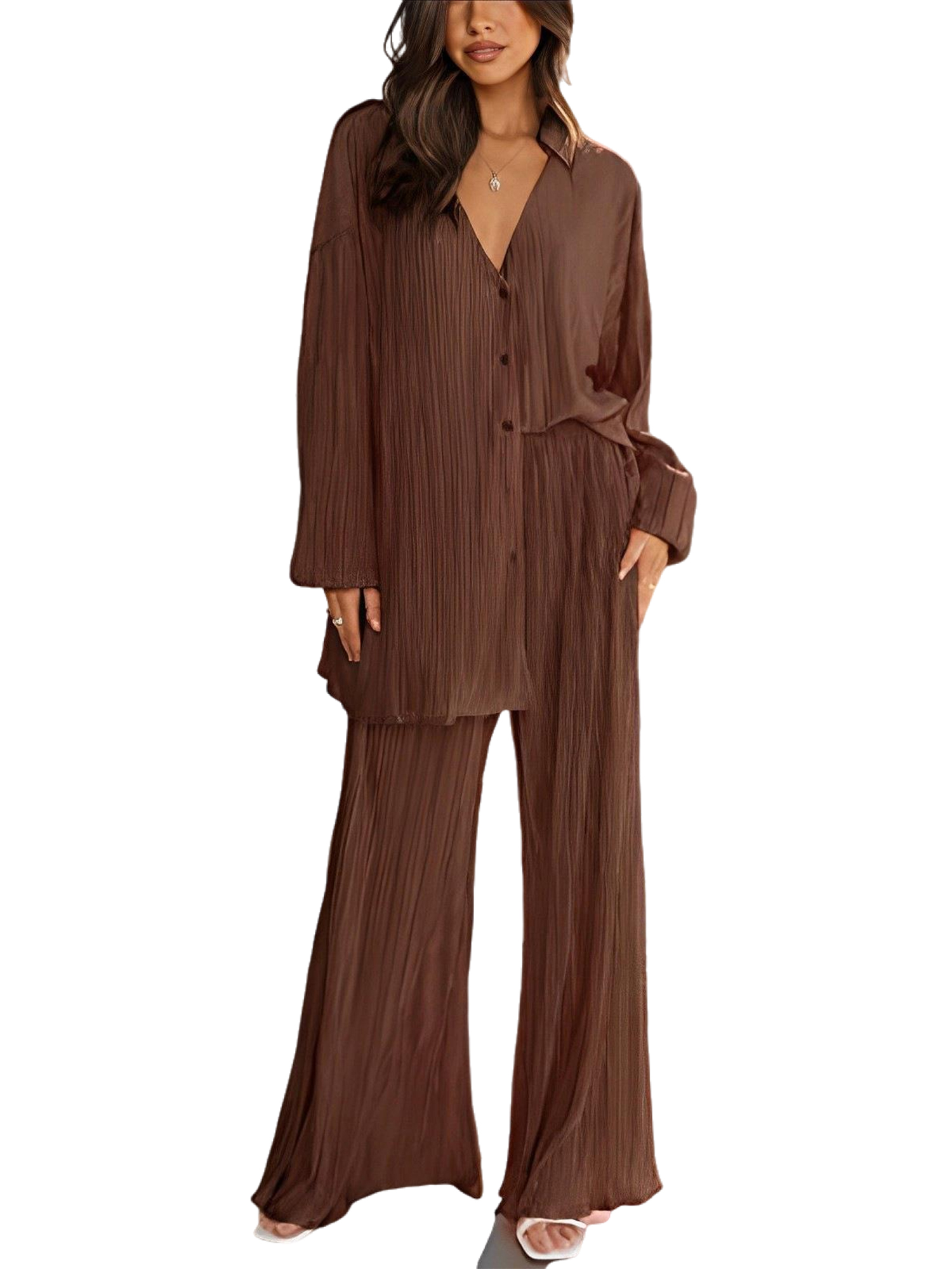 Frontwalk Ladies 2 Piece Outfits Wide Leg Shirt And Pants Suits Lapel ...