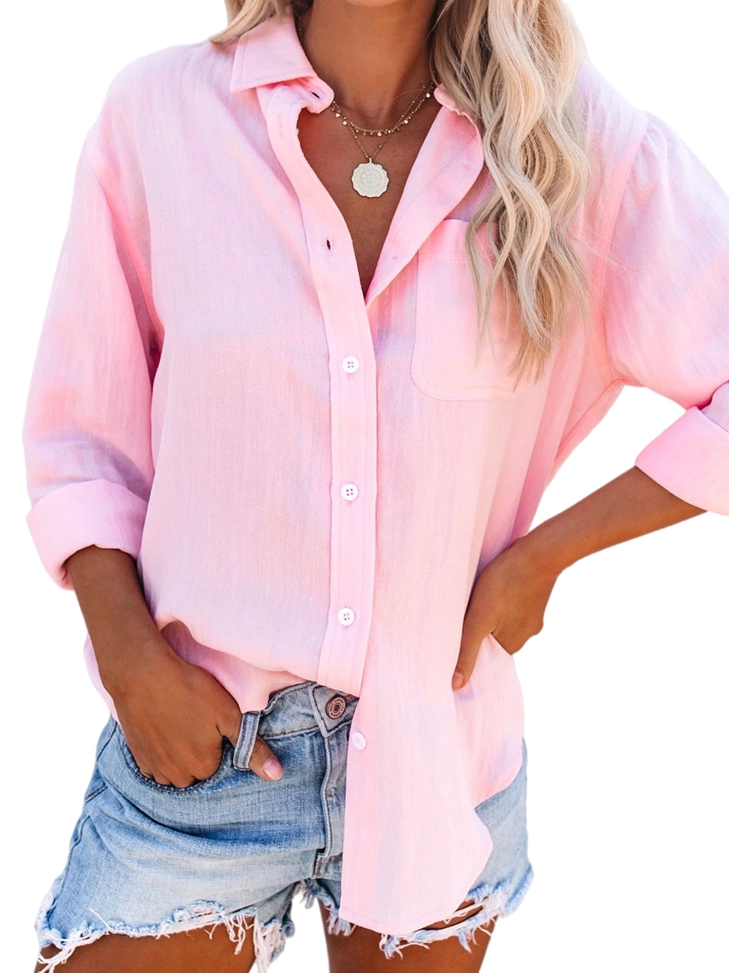 Frontwalk Ladies Baggy Lapel Neck Tunic Shirt Button Down Loose Shirts Women Turn Collar Holiday ...