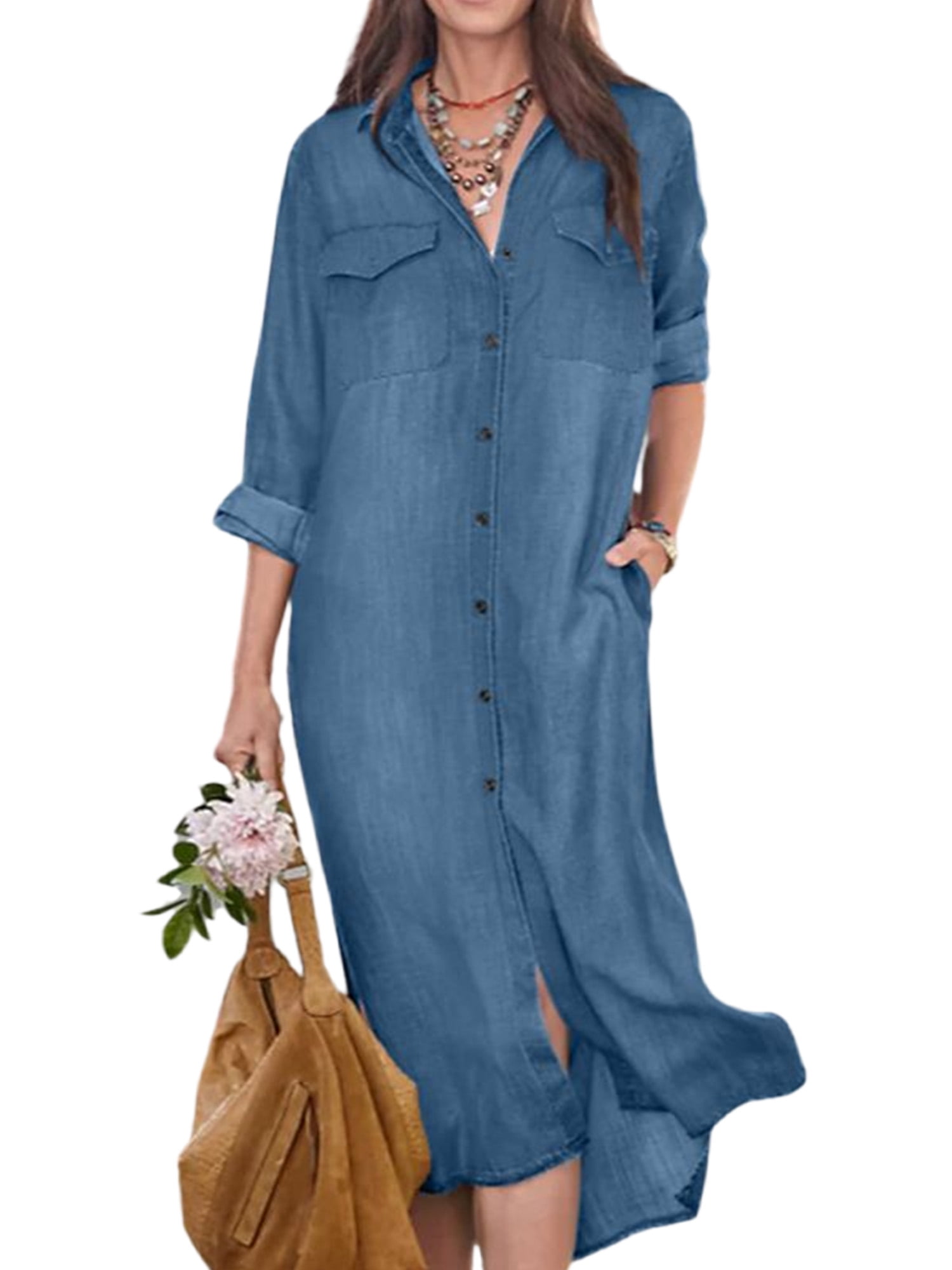 Frontwalk Ladies Denim Shirt Dress Button Down Jean Midi Dresses Long ...