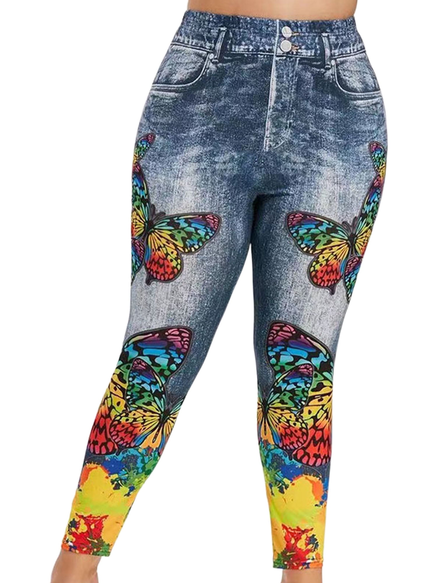 Frontwalk Ladies Fake Jeans High Waist Leggings Tummy Control Faux