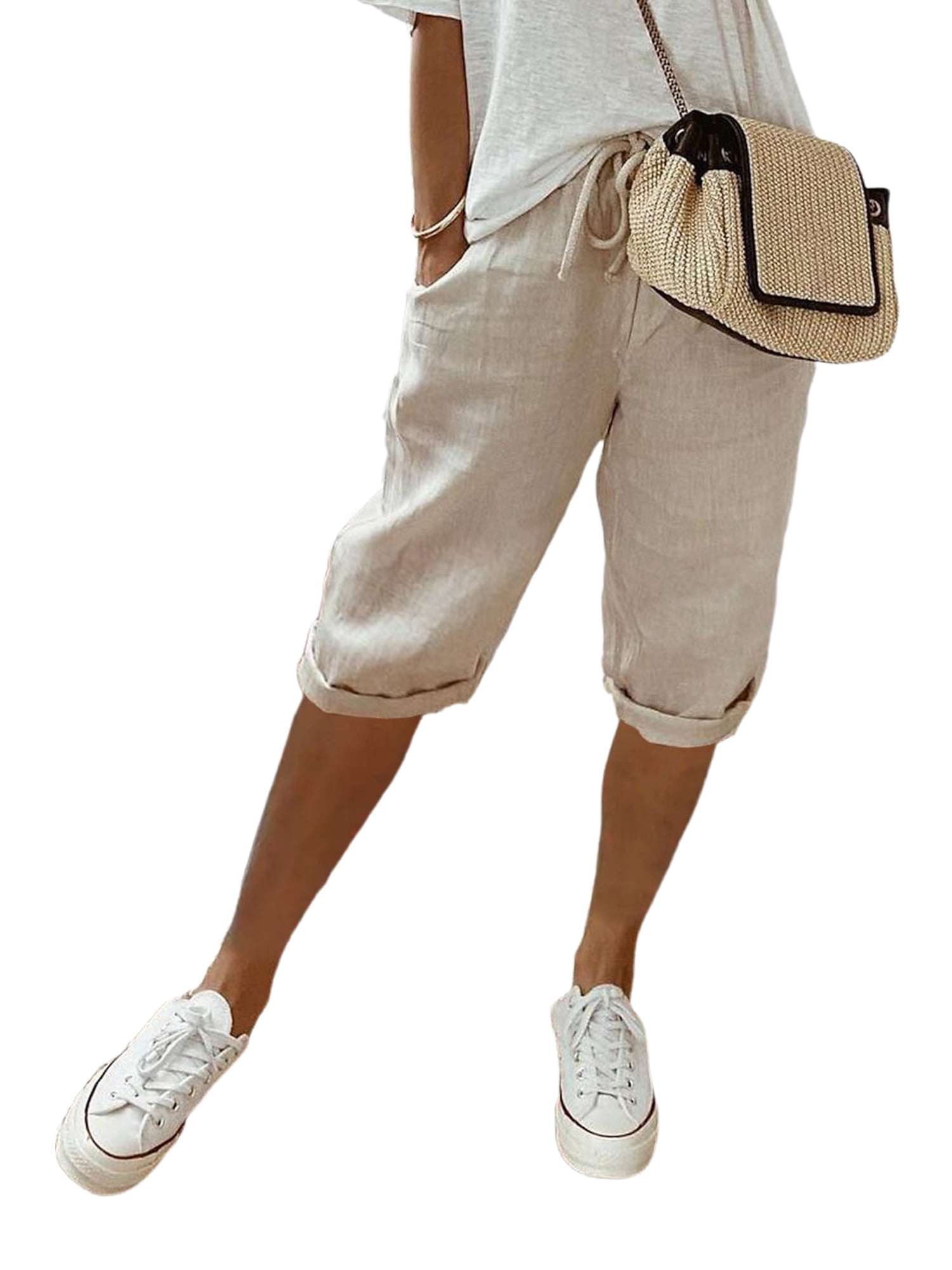 Frontwalk Ladies Knee Length Short Pants Drawstring Bermuda Shorts ...