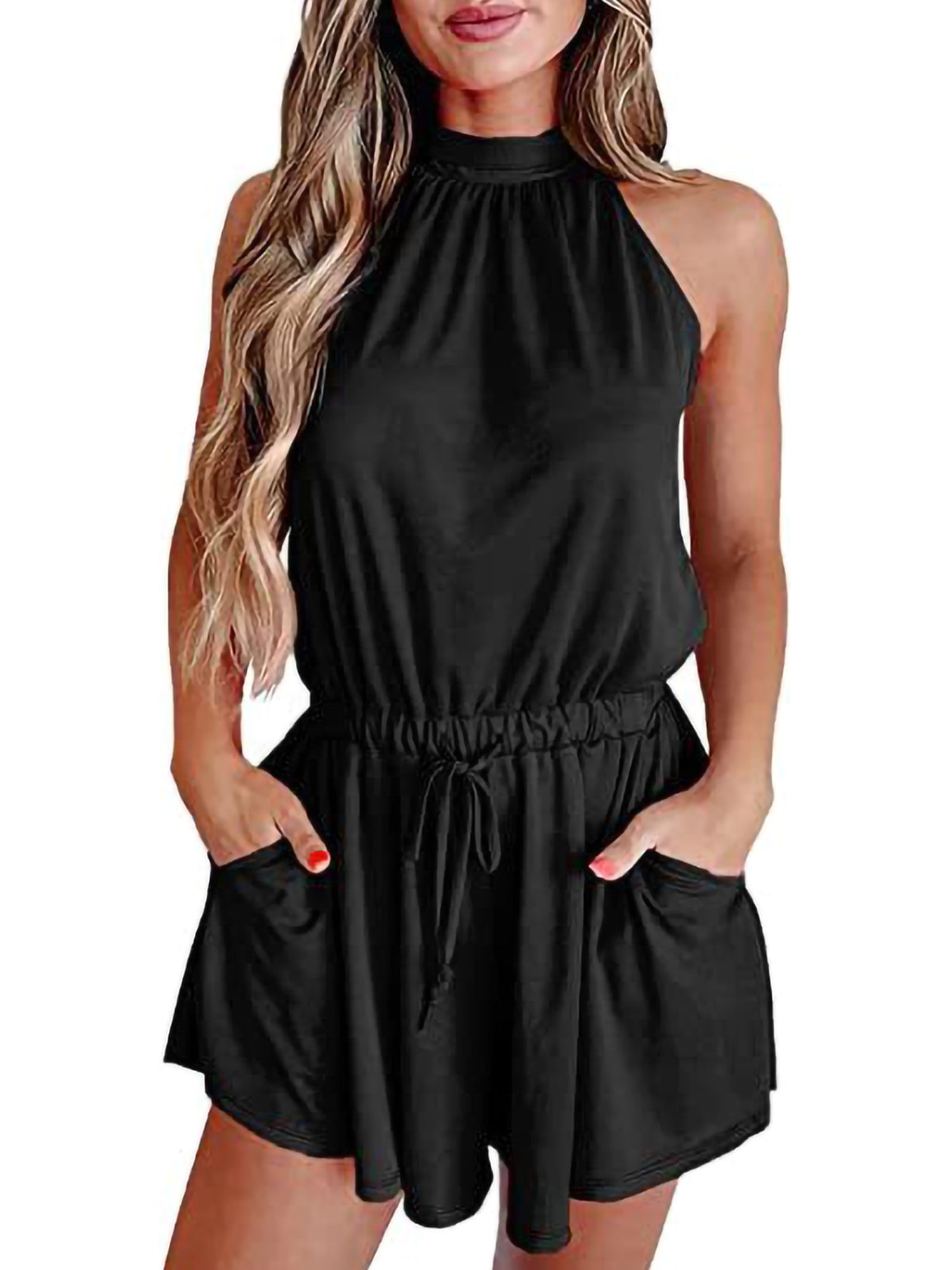 Frontwalk Ladies One Piece Shorts Jumpsuit Halter Neck Romper Stretchy ...