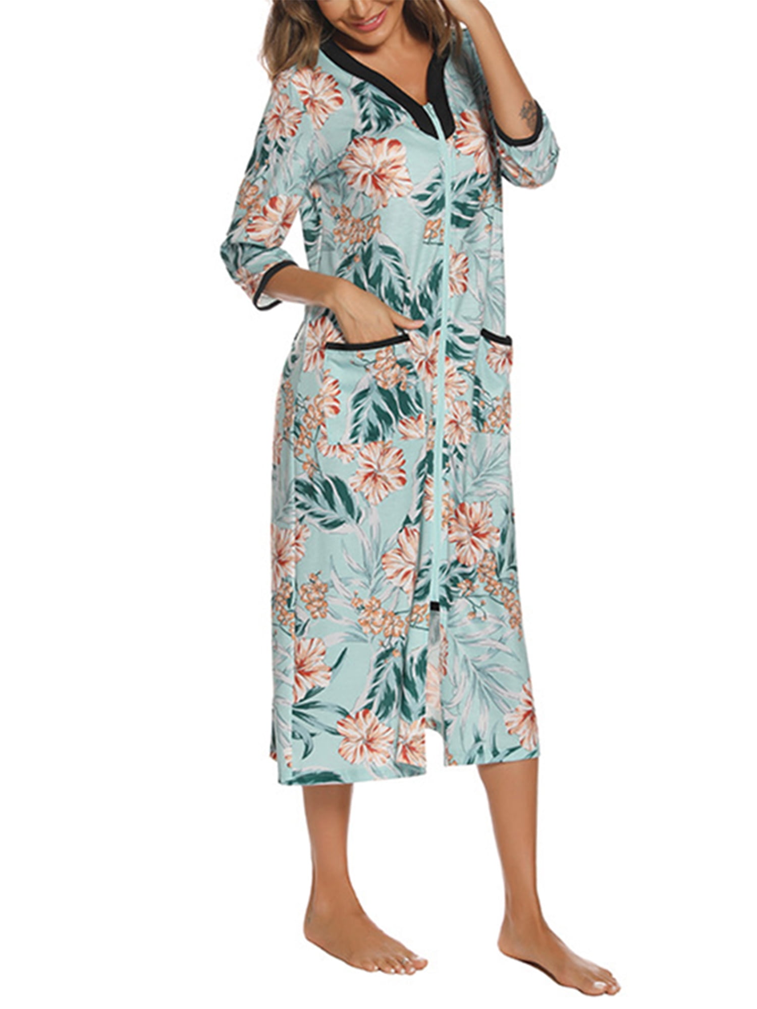 Frontwalk Ladies Robe 3/4 Sleeve Nightgown V Neck Housedress Homw ...