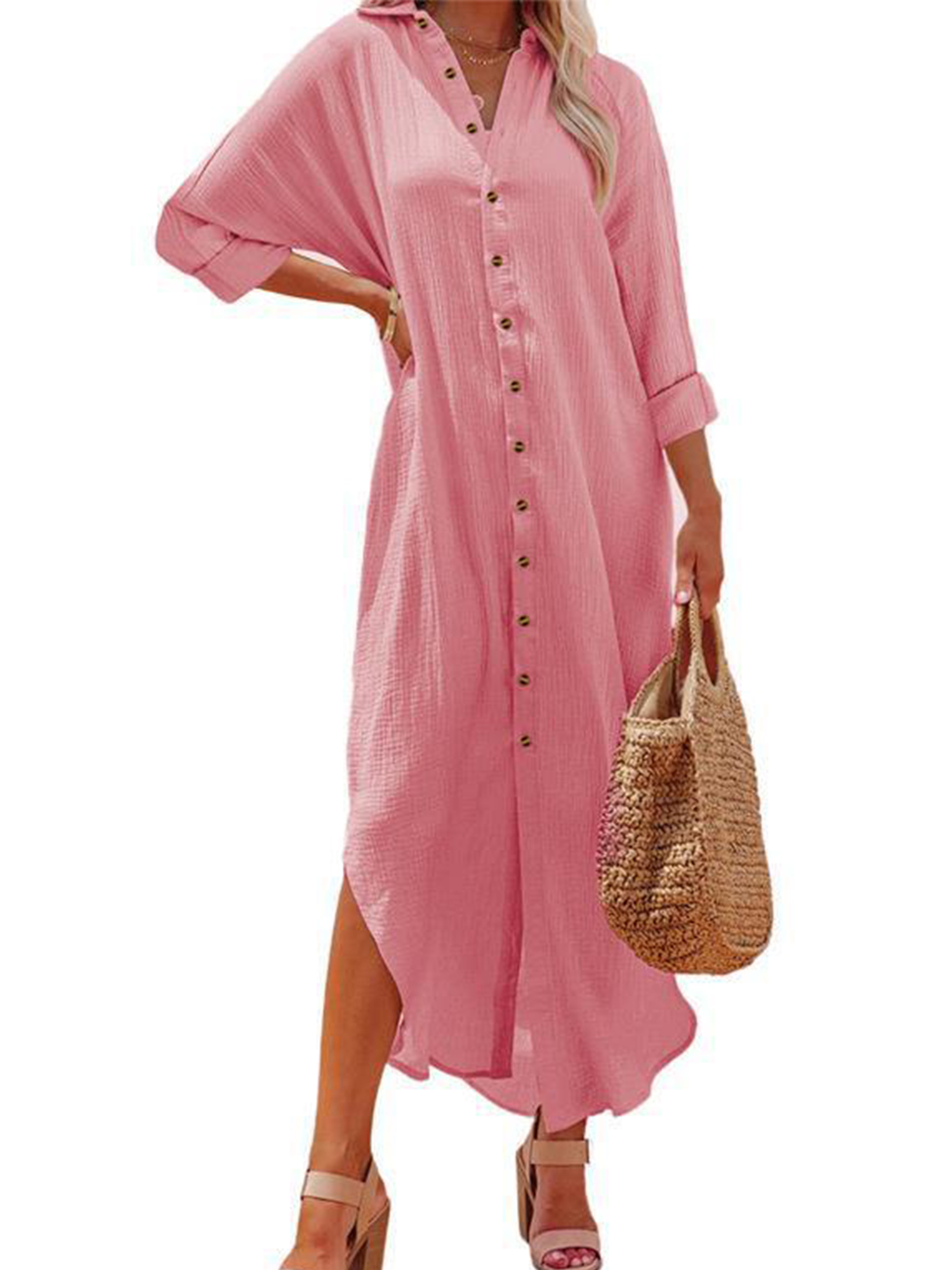 Frontwalk Ladies Shirt Dress Button Down Summer Beach Sundress Long ...