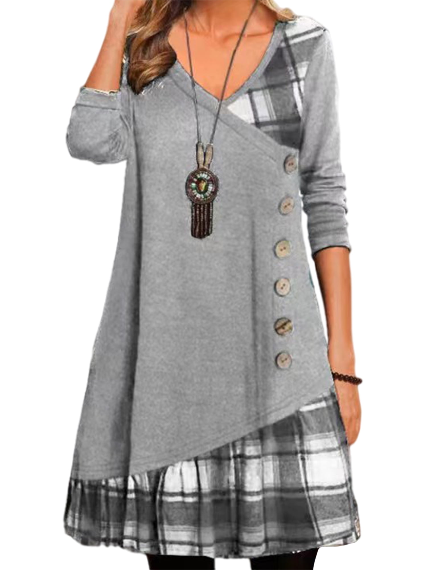 Frontwalk Ladies Short Dresses Long Sleeve Mini Dress Plaid Stitched ...