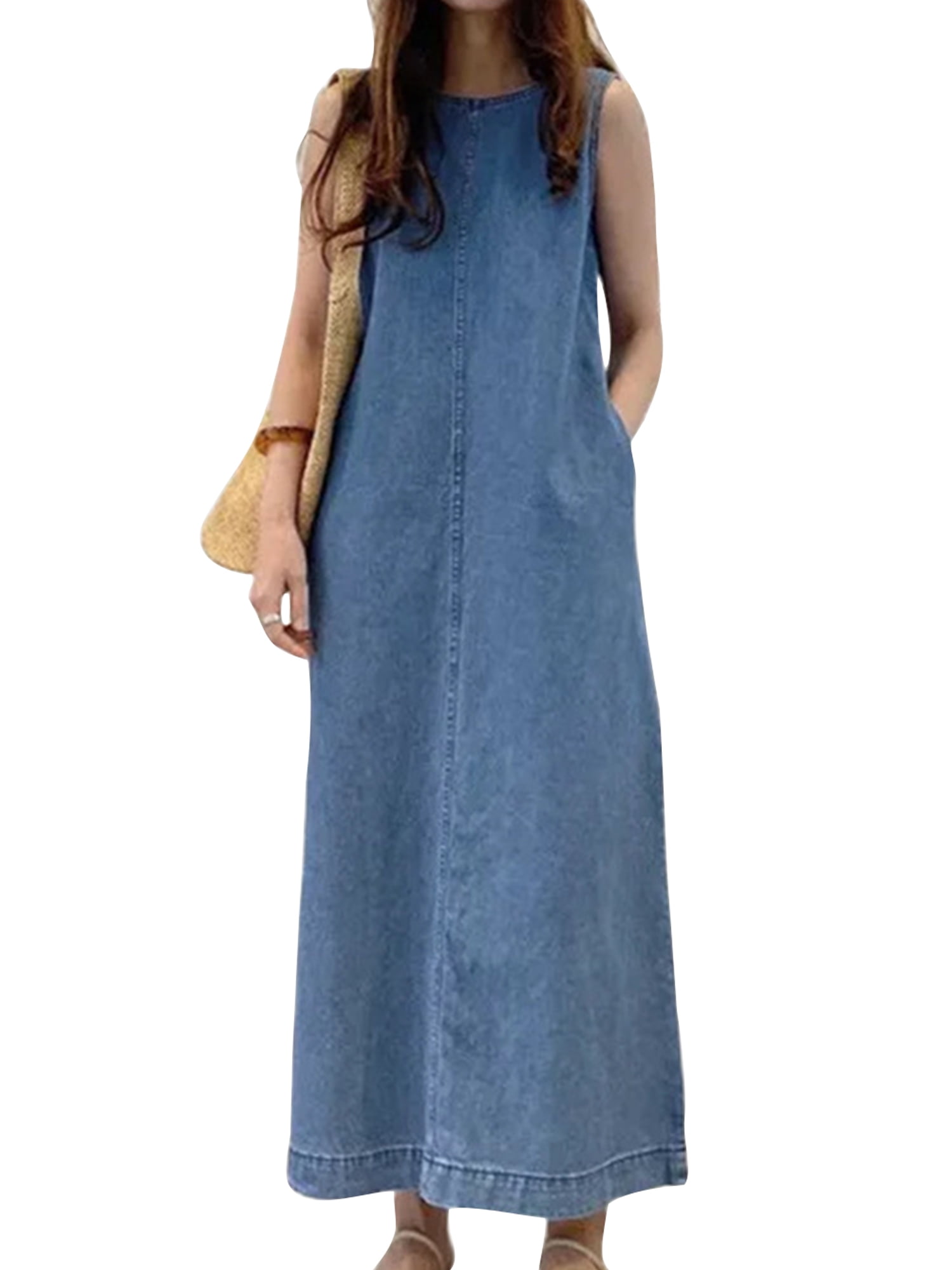 Frontwalk Ladies Summer Beach Sundress Jean Long Maxi Dresses Crew Neck ...