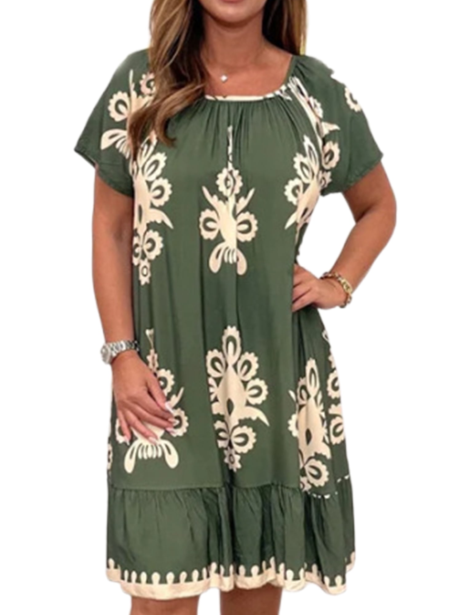 Frontwalk Ladies Summer Midi Dress Crew Neck Swing Dresses Boho ...