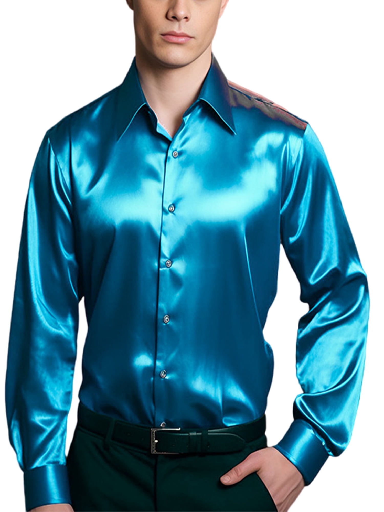 Frontwalk Men Dress Shirt Glossy Tops Luxury Mens Slim Fit Satin Silk ...