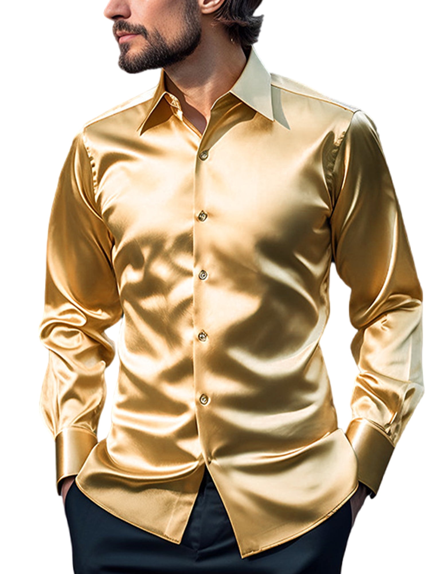 Frontwalk Men Dress Shirt Glossy Tops Luxury Mens Slim Fit Satin Silk ...