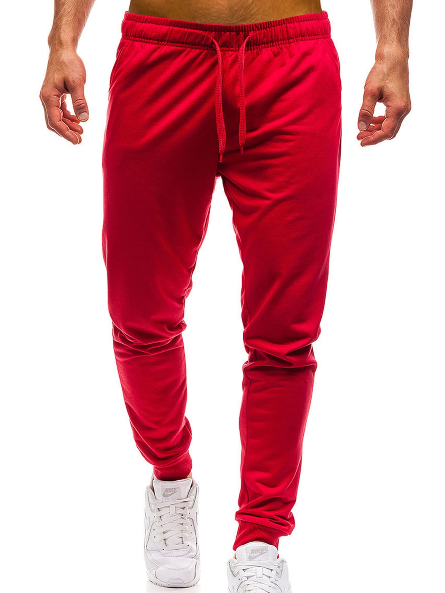 Frontwalk Men Solid Color Pants Casual Beam Foot Trousers Drawstring