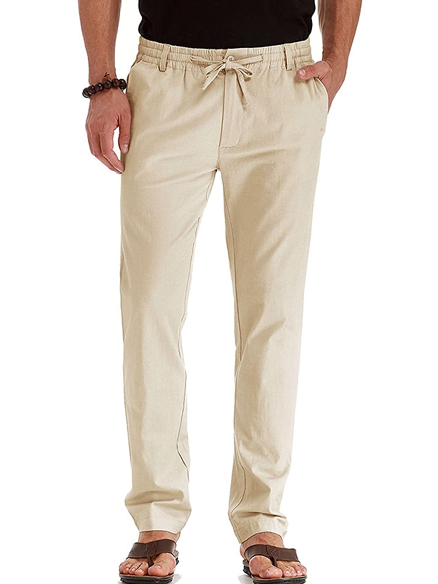 Frontwalk Men Summer Casual Elastic Waist Pants Straight Leg Fitted