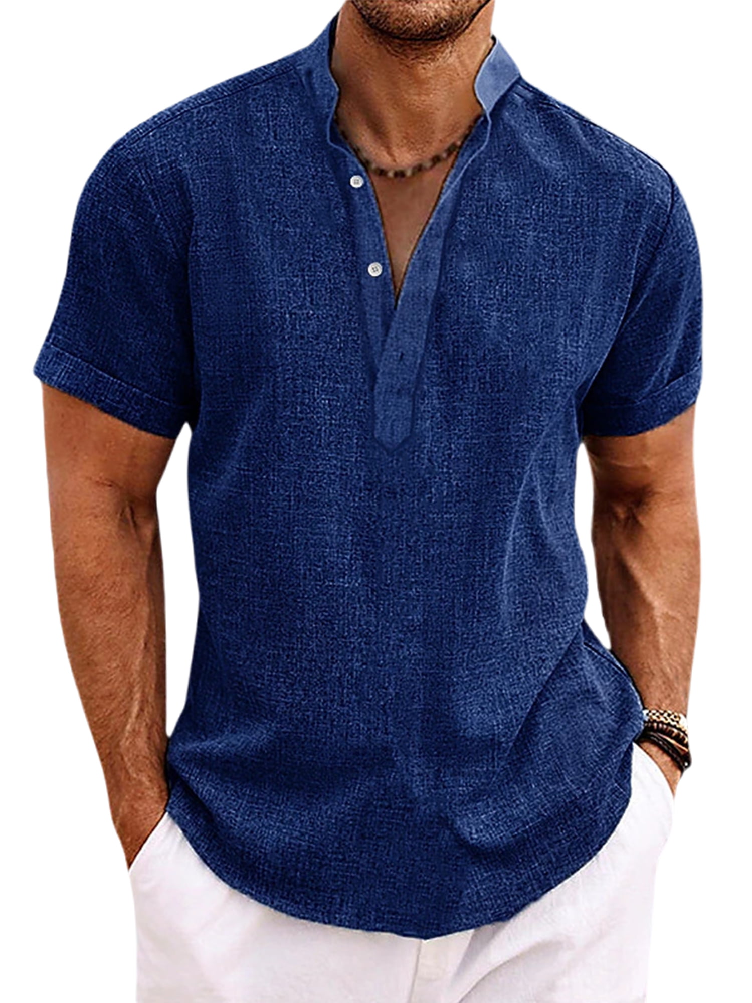 Frontwalk Men Summer Shirts Button Neck T Shirt Short Sleeve Tops Mens Casual Blouse Lapel Henly