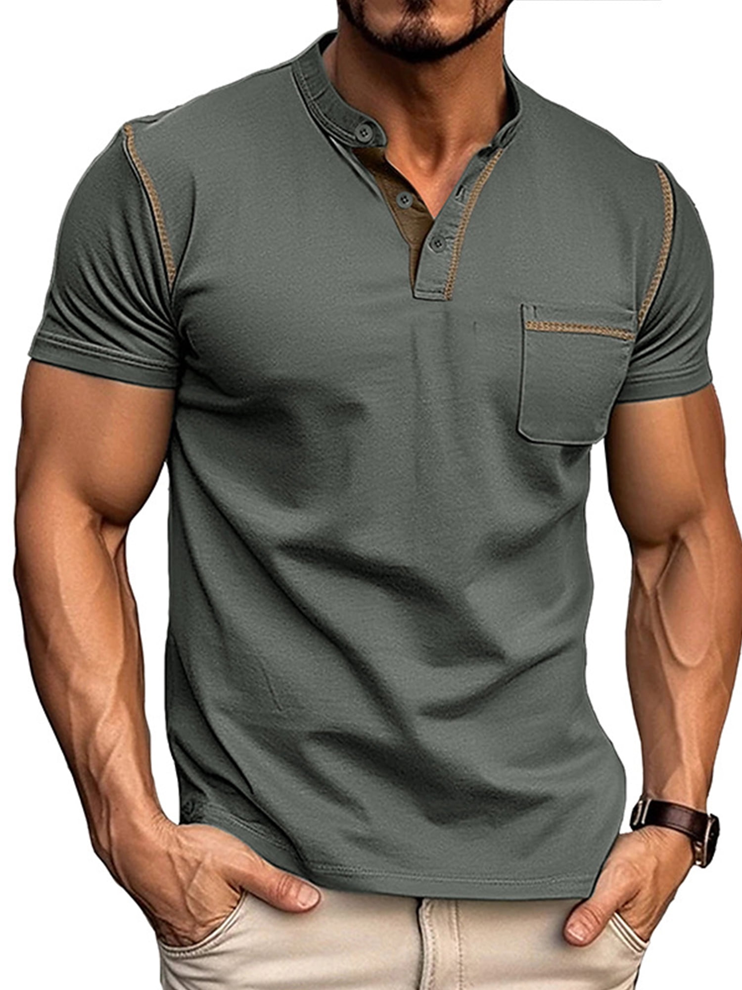 Frontwalk Men T Shirts Button Up Summer Tops Pocket Henley Mens Loose ...