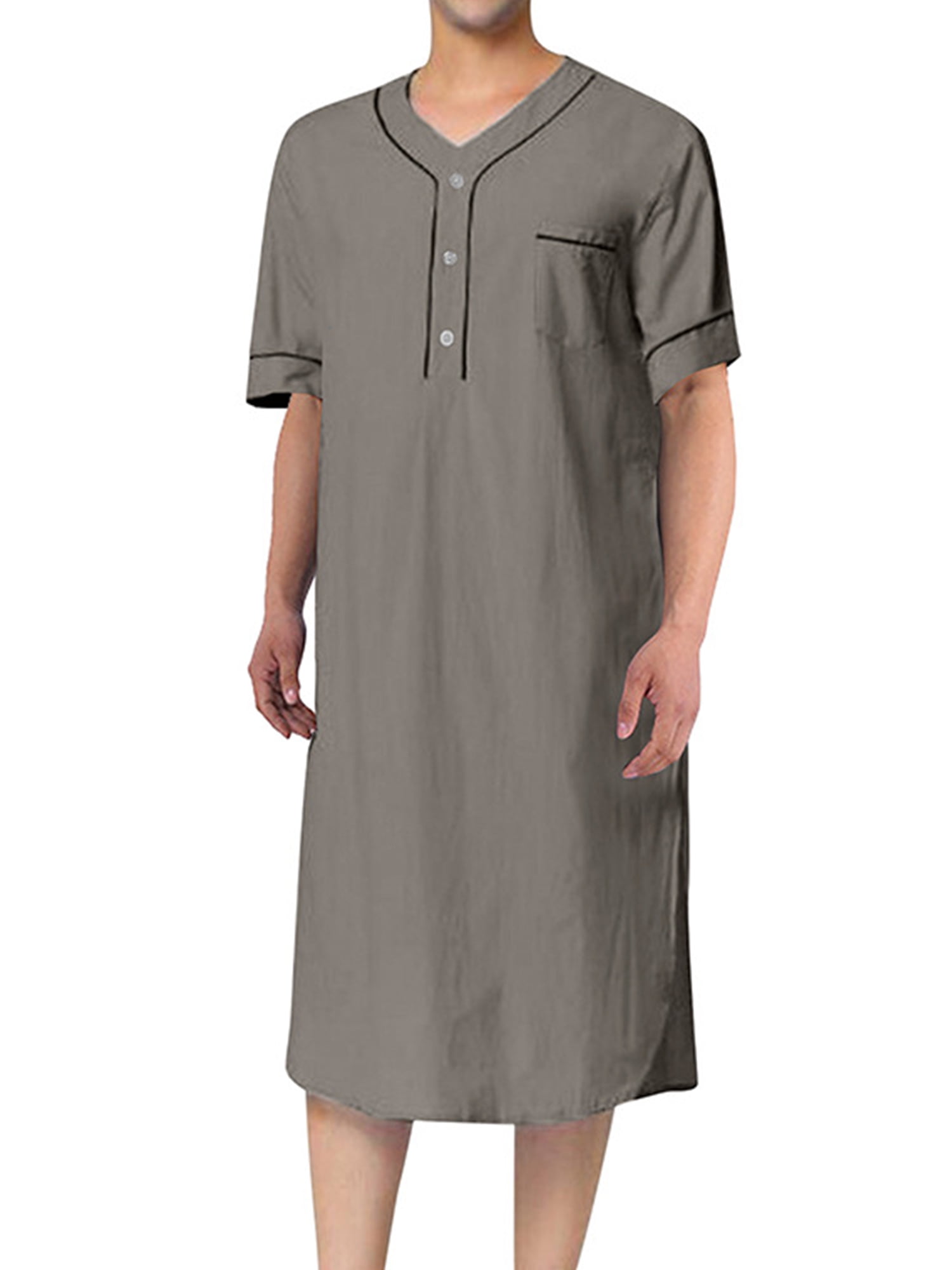 Frontwalk Men Thobe Muslim Robe V Neck Nightshirt Mens Lounge Sleep ...