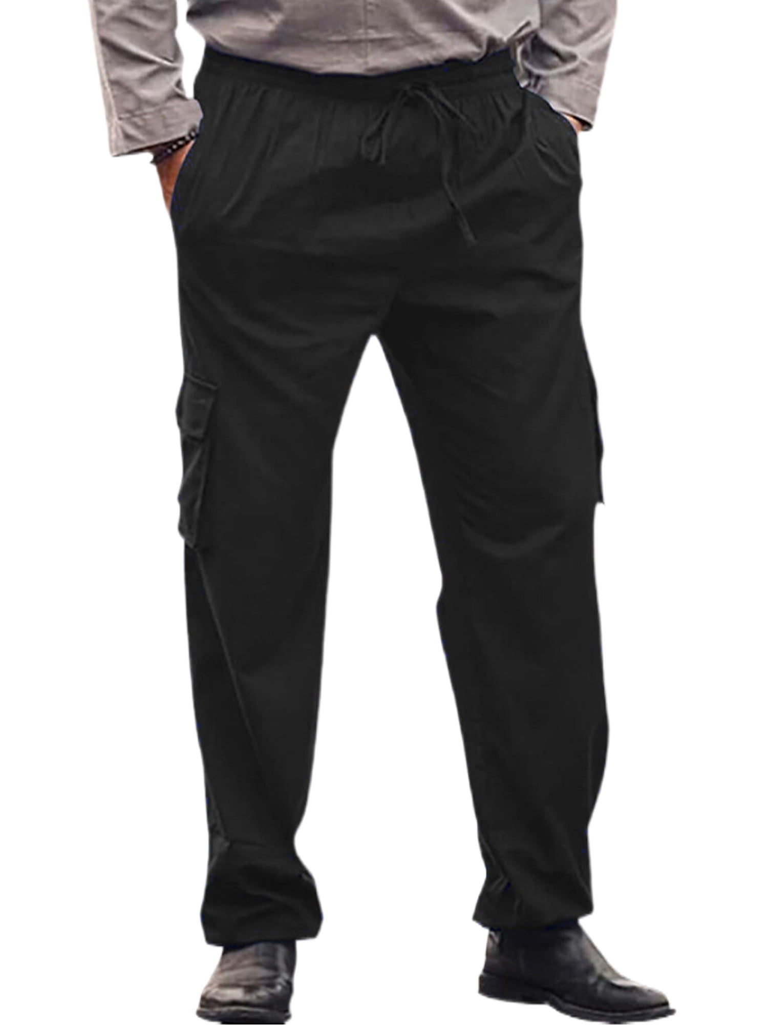 Frontwalk Men Trousers Elastic Waist Pants Solid Color Bottoms Work