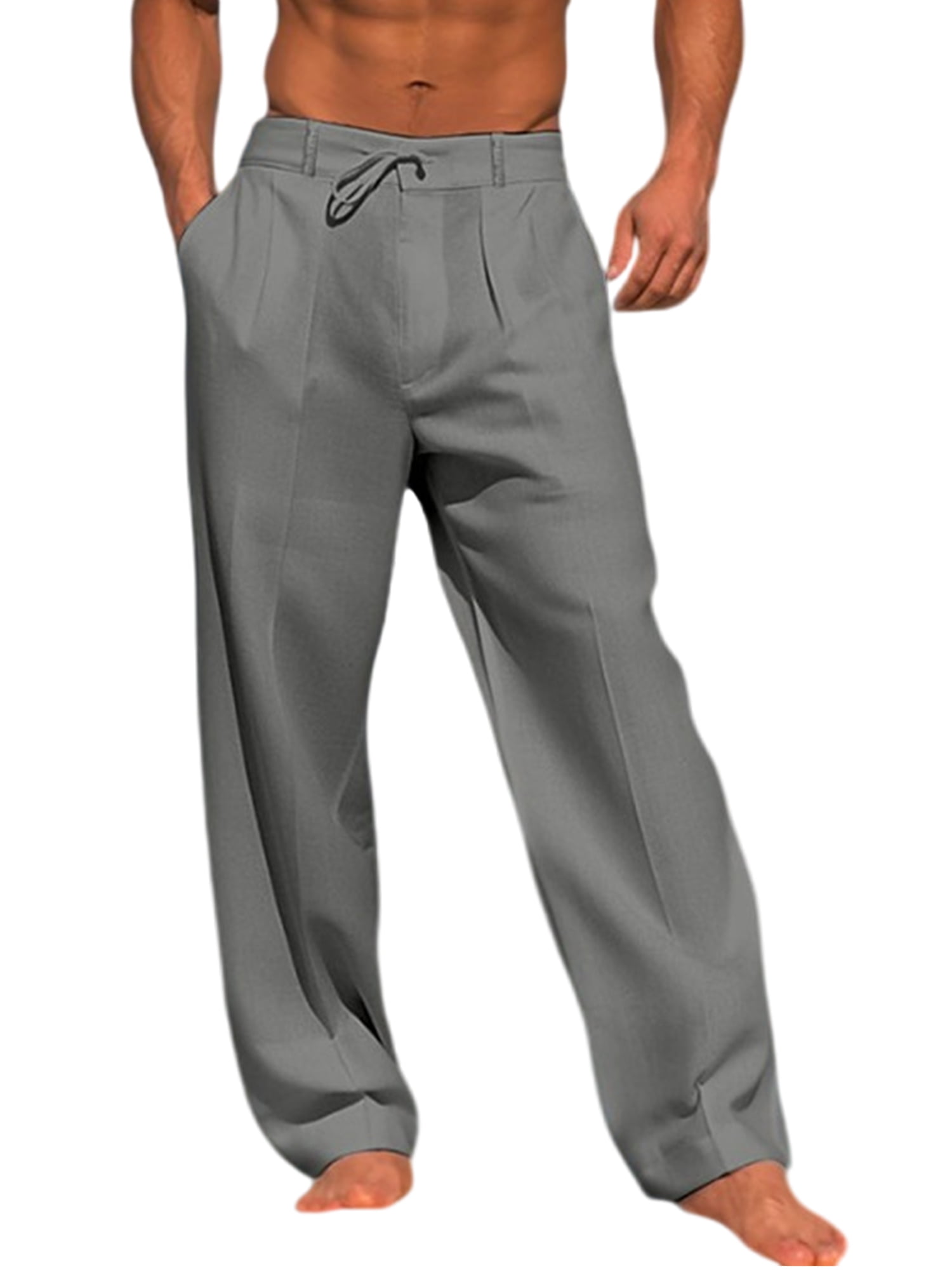 Frontwalk Men's Linen Pants Drawstring Beach High Rise Slacks Mens ...