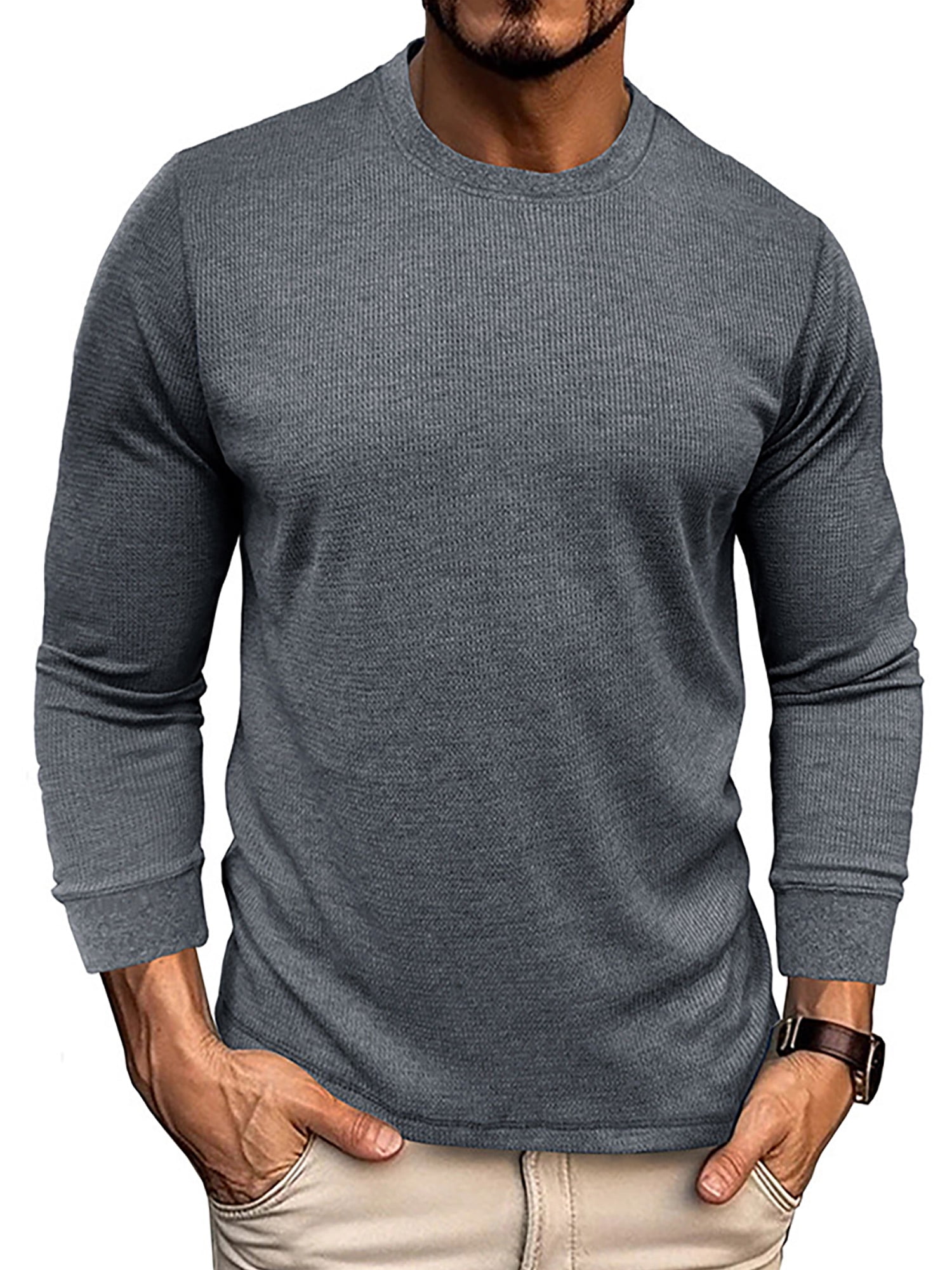 Frontwalk Men's Tops Long Sleeve T Shirts Waffle T-shirt Mens Regular ...