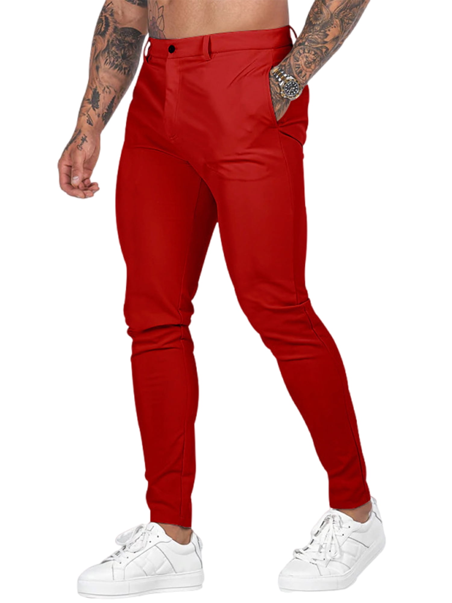 Frontwalk Mens Trousers Solid Color Dressy Pants Mid Waist Chino Pant