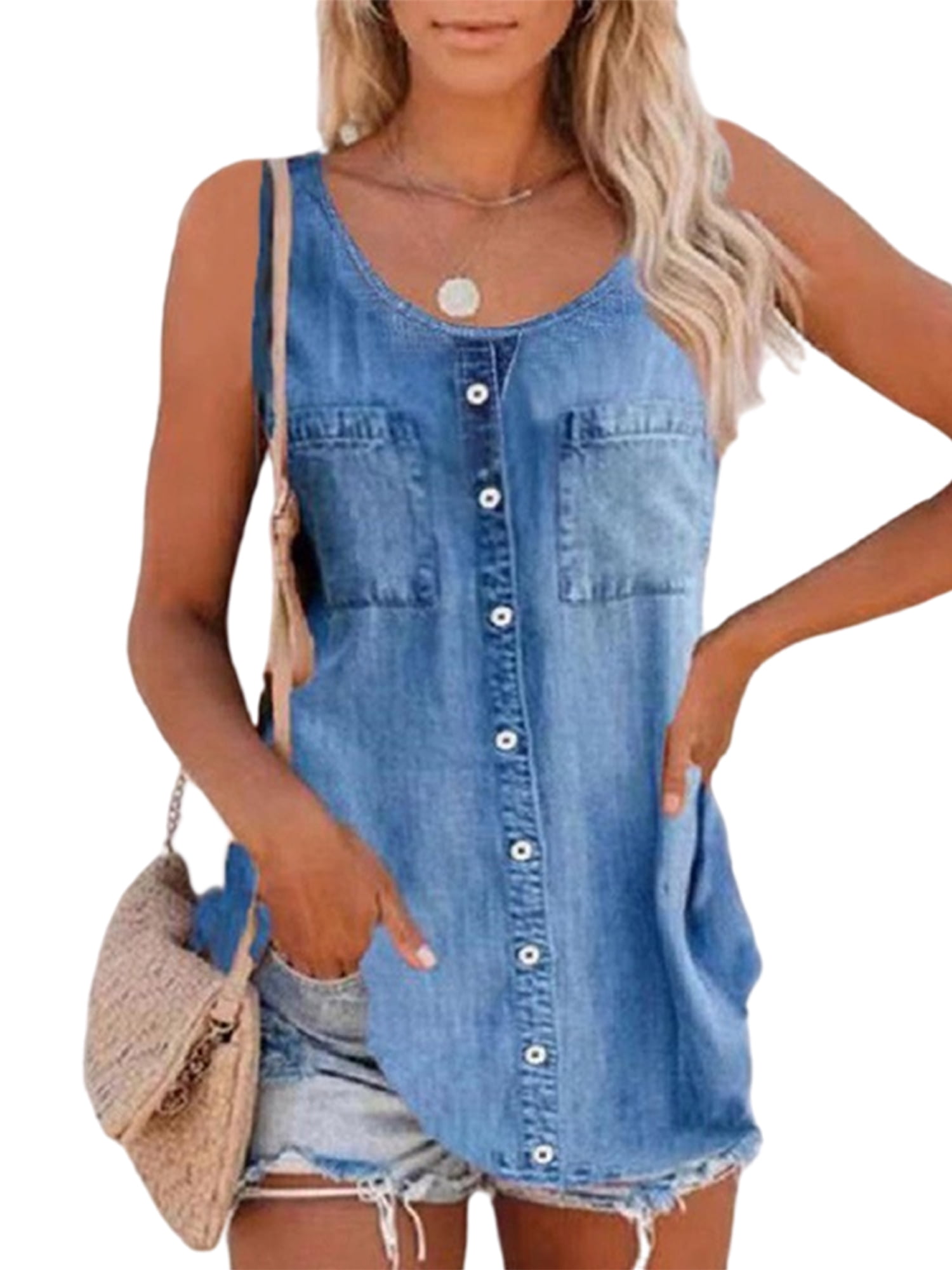 Frontwalk Women's Plus Size Summer Tops, Sleeveless Boho Tunic, Denim ...