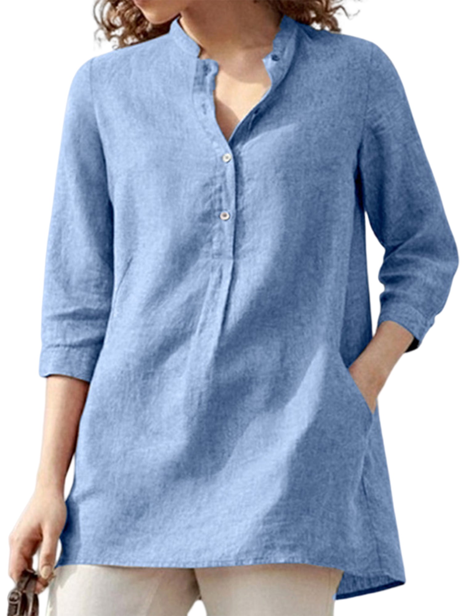 Frontwalk Women 3/4 Sleeve Tunic Tops Fashion Loose Henley V Neck Shirt ...