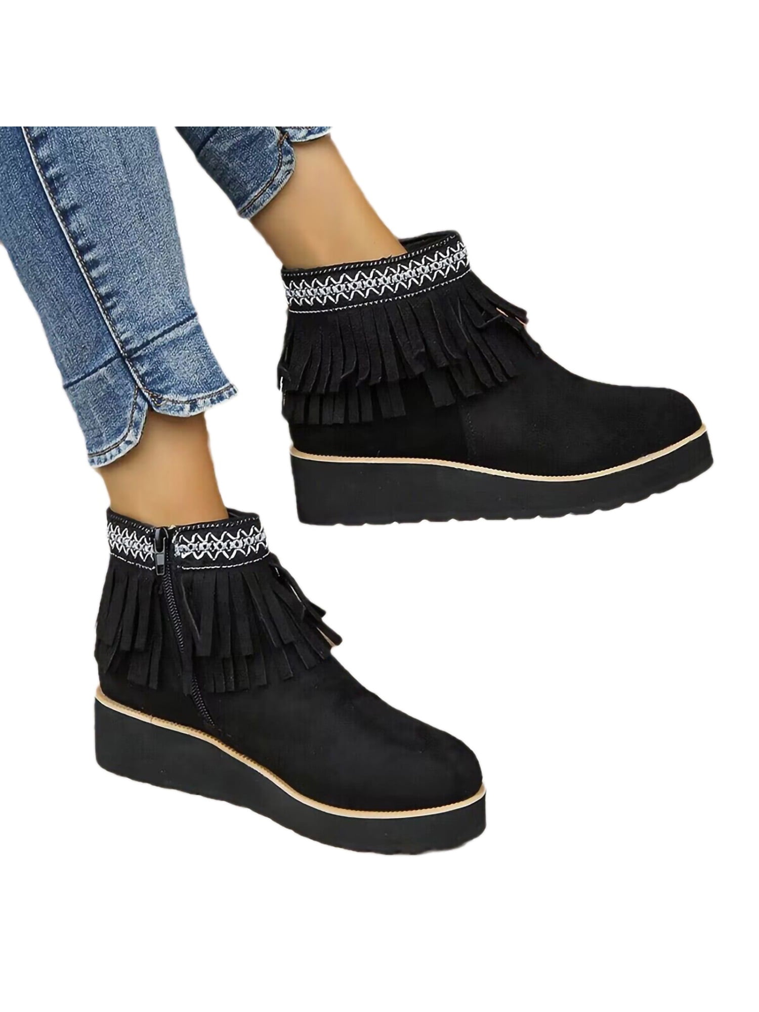 Frontwalk Women Ankle Boots Platform Tassel Boot Side Zipper Booties ...