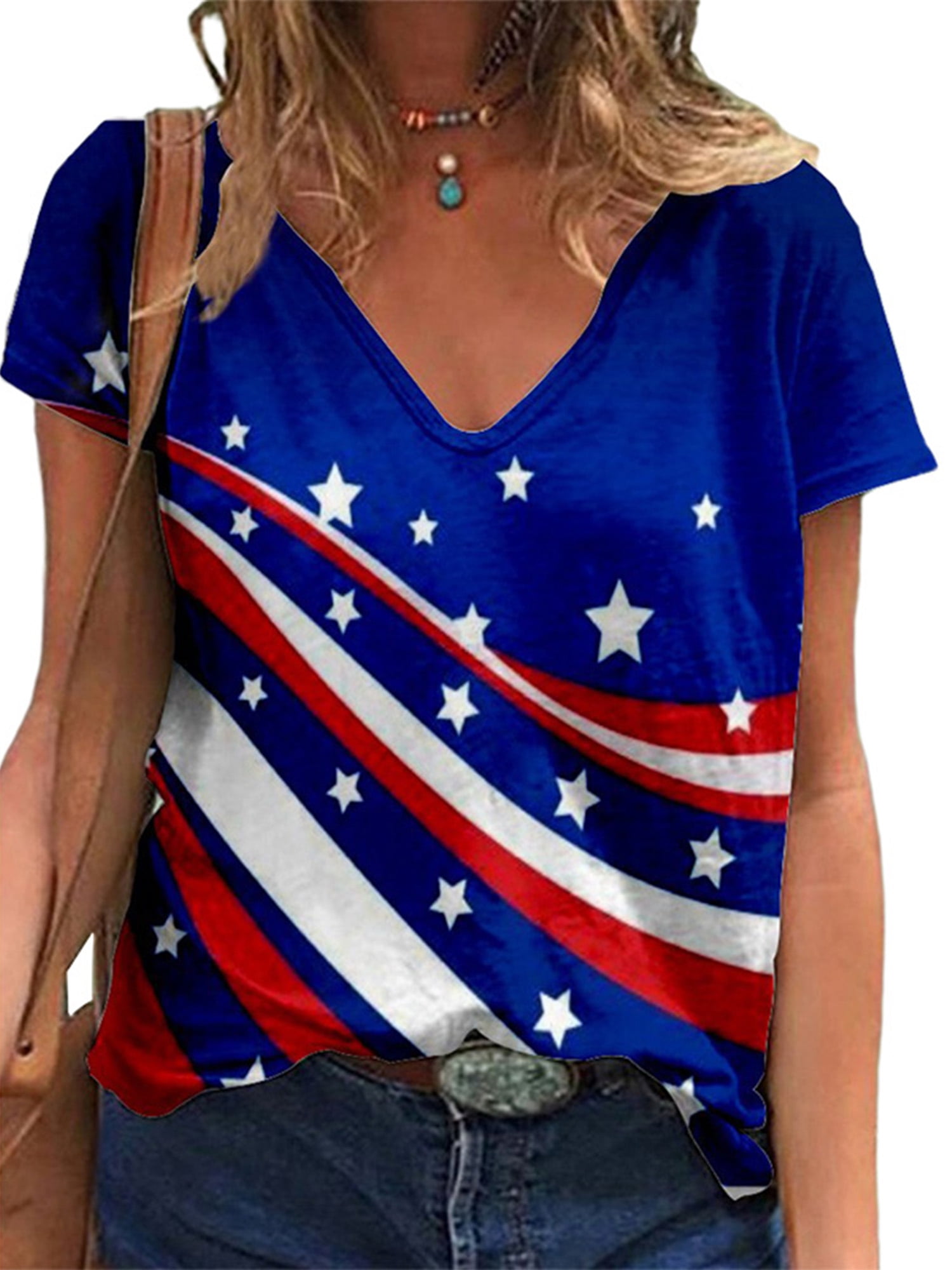 Frontwalk Women Baggy American Flag Printed Basic Top V Neck Bohemian ...