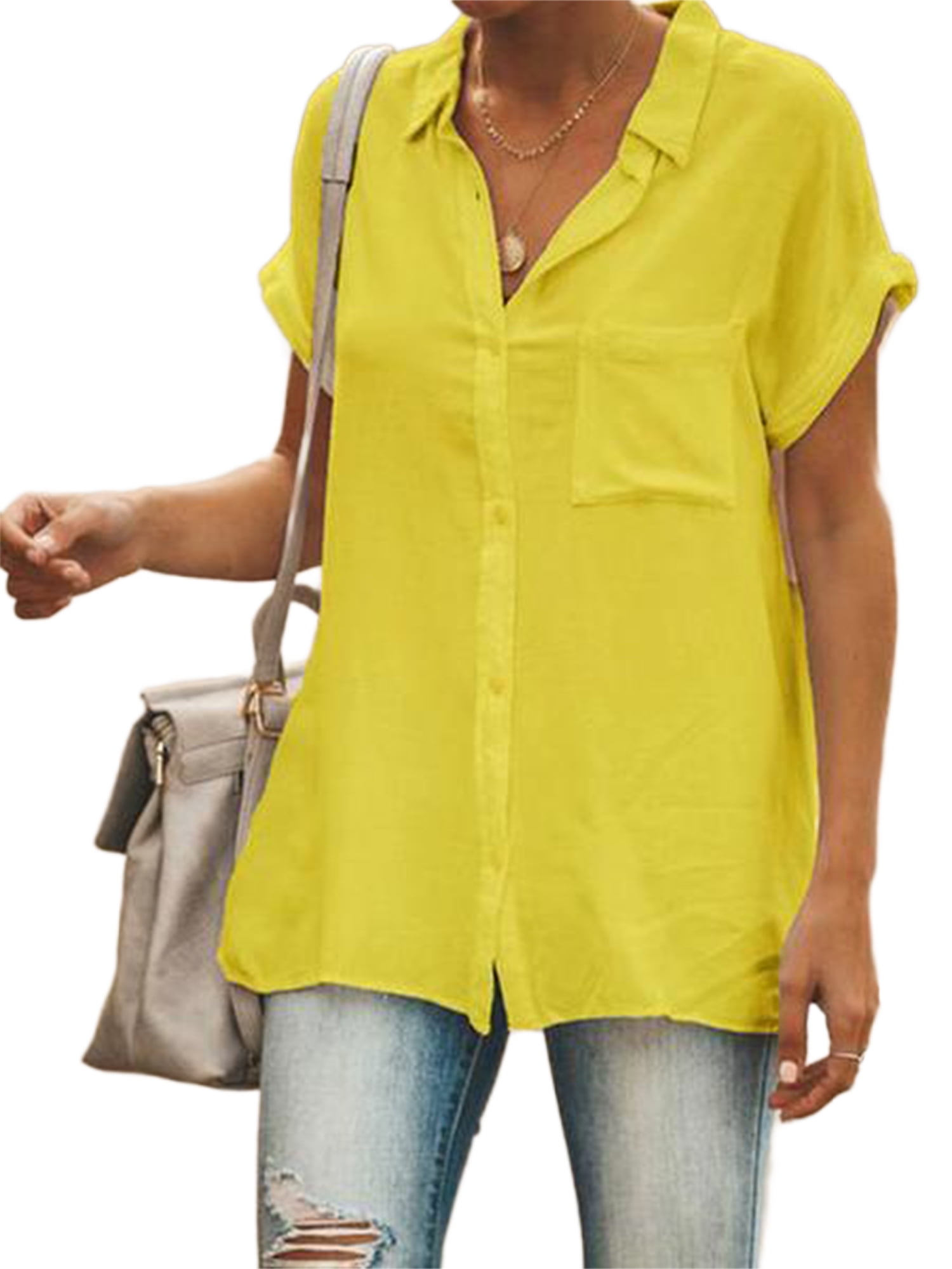 Frontwalk Women Casual Short Sleeve Shirts Solid Color Button Down Tops ...