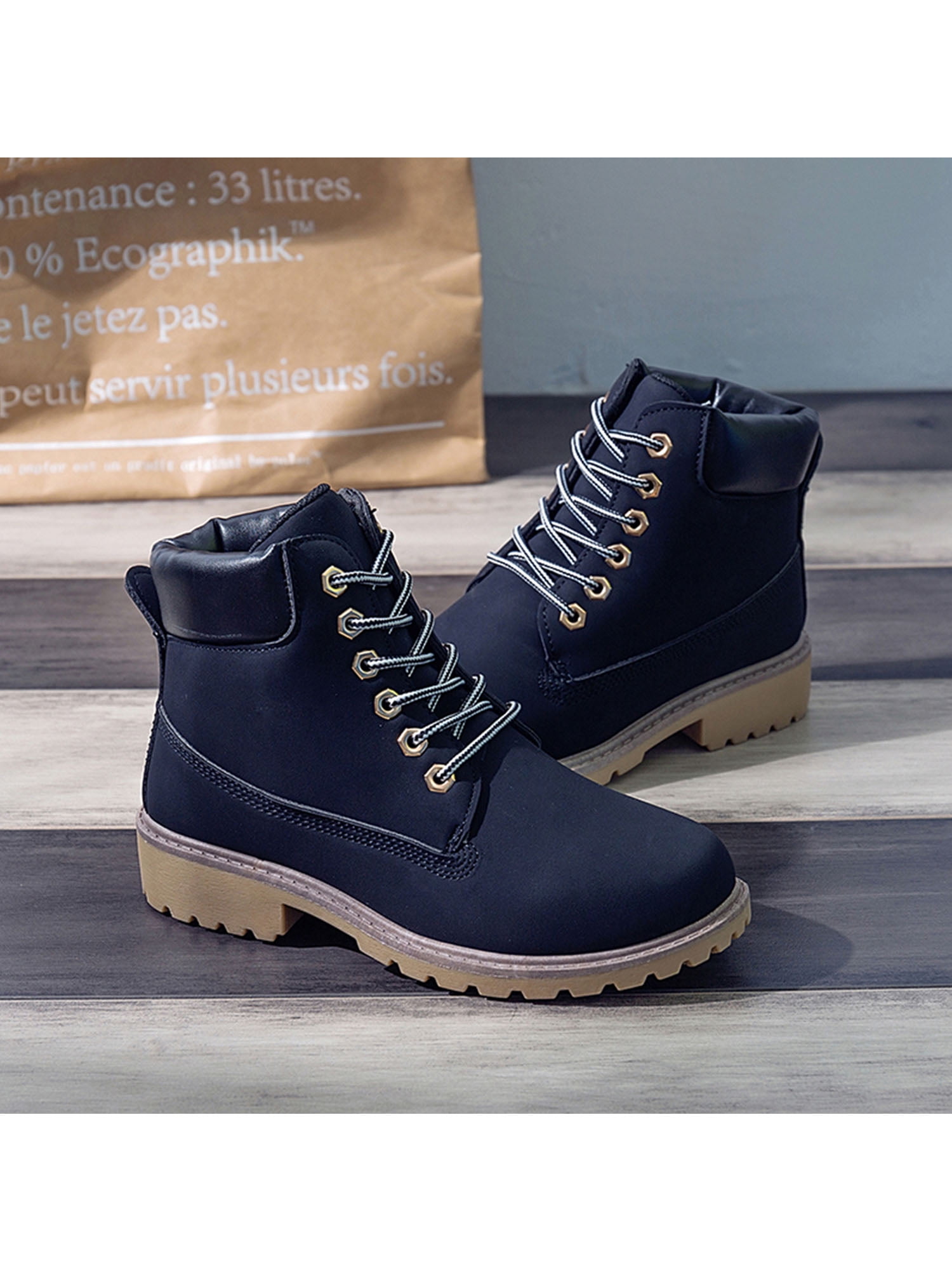 Frontwalk Women Combat Boot Lug Sole Winter Boots Plush Lined Ankle ...