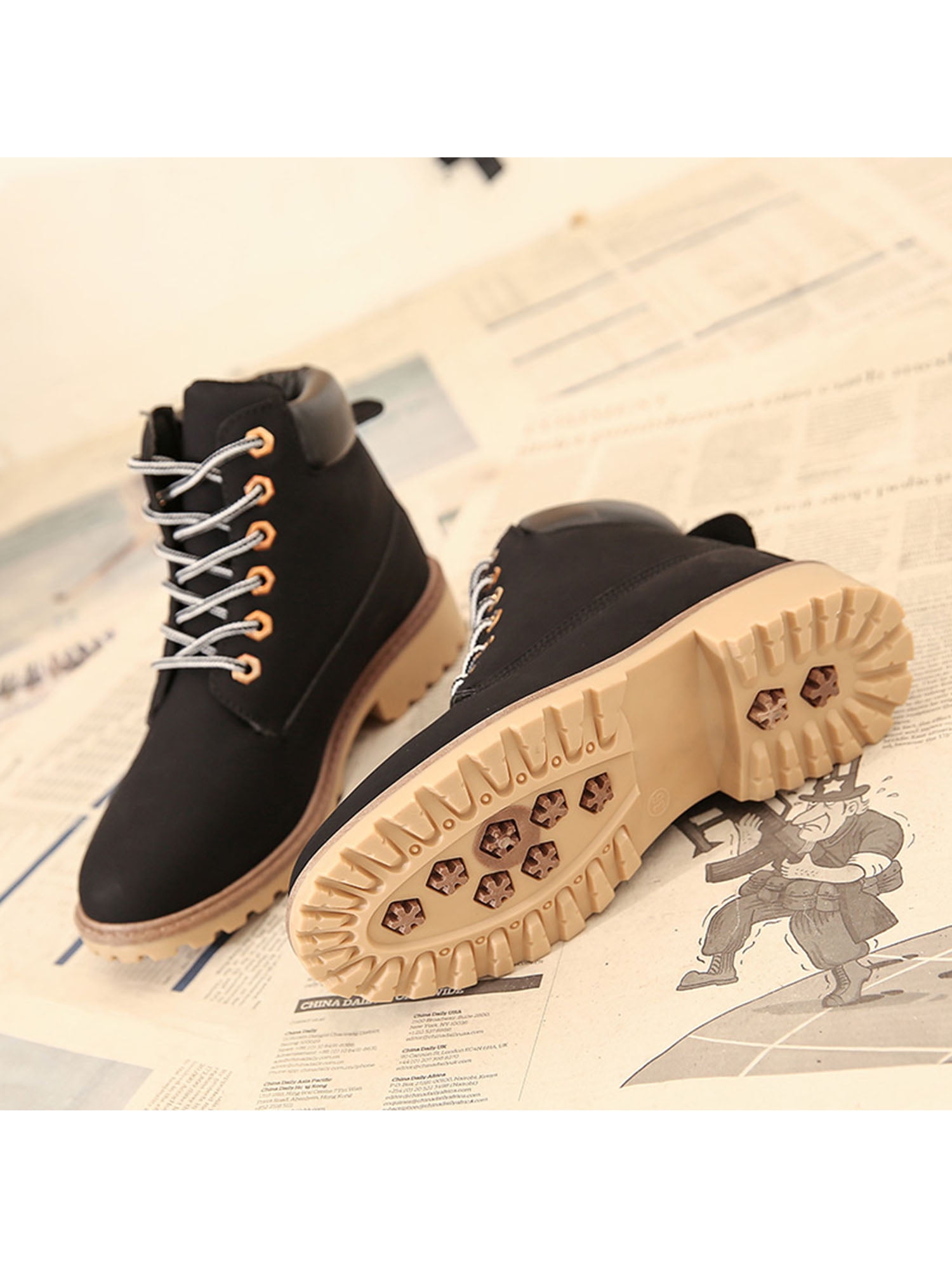 Frontwalk Women Combat Boot Lug Sole Winter Boots Plush Lined Ankle ...