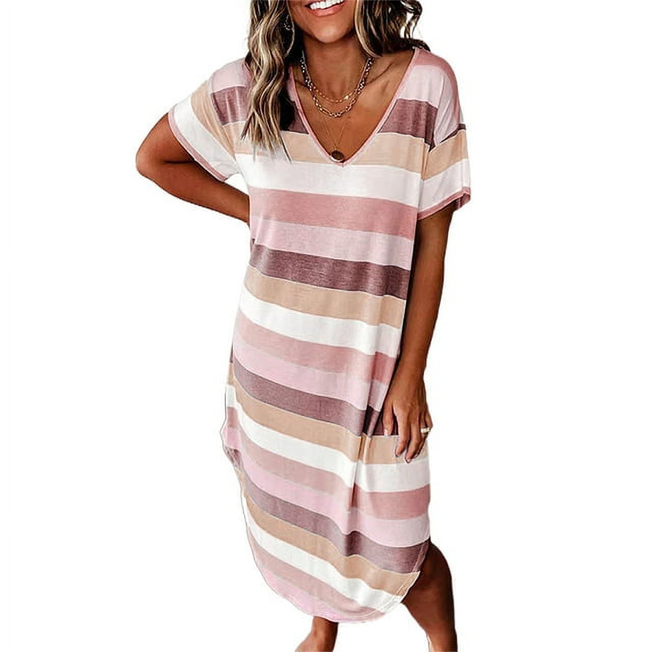 Frontwalk Women's Striped Cotton Nightgown, Short Sleeve Sleepshirt ...