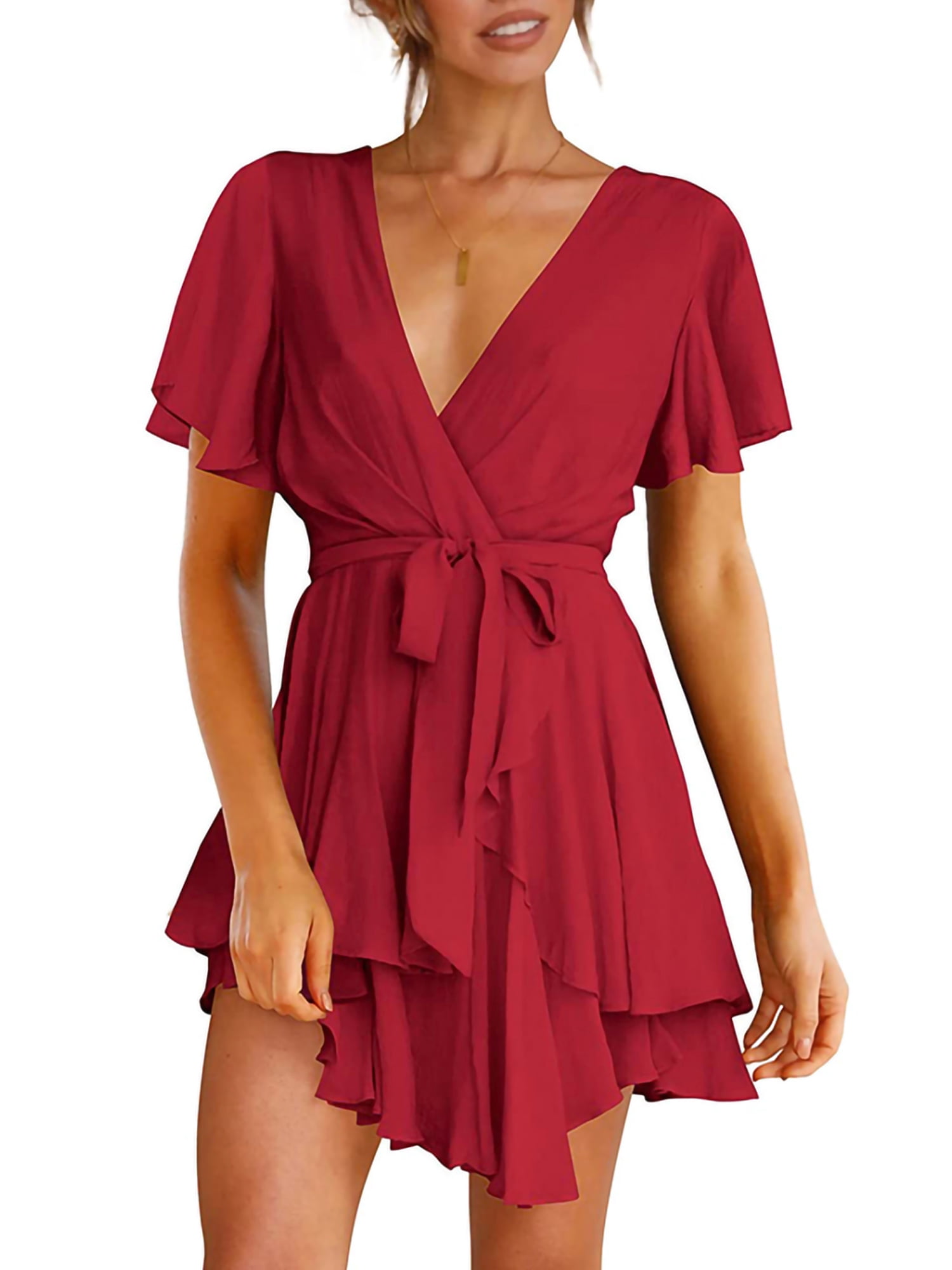 Frontwalk Women Flowy Belted Sundress Polka Dot Mini Shirt Dress Ladies ...