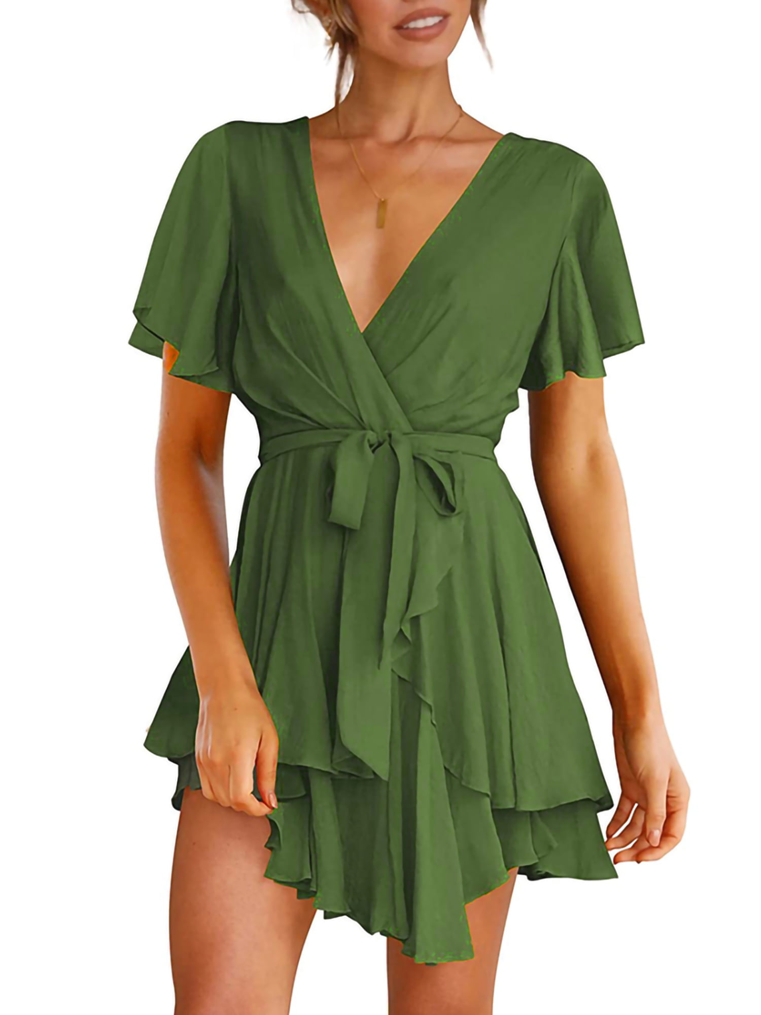 Frontwalk Women Flowy Belted Sundress Polka Dot Mini Shirt Dress Ladies ...