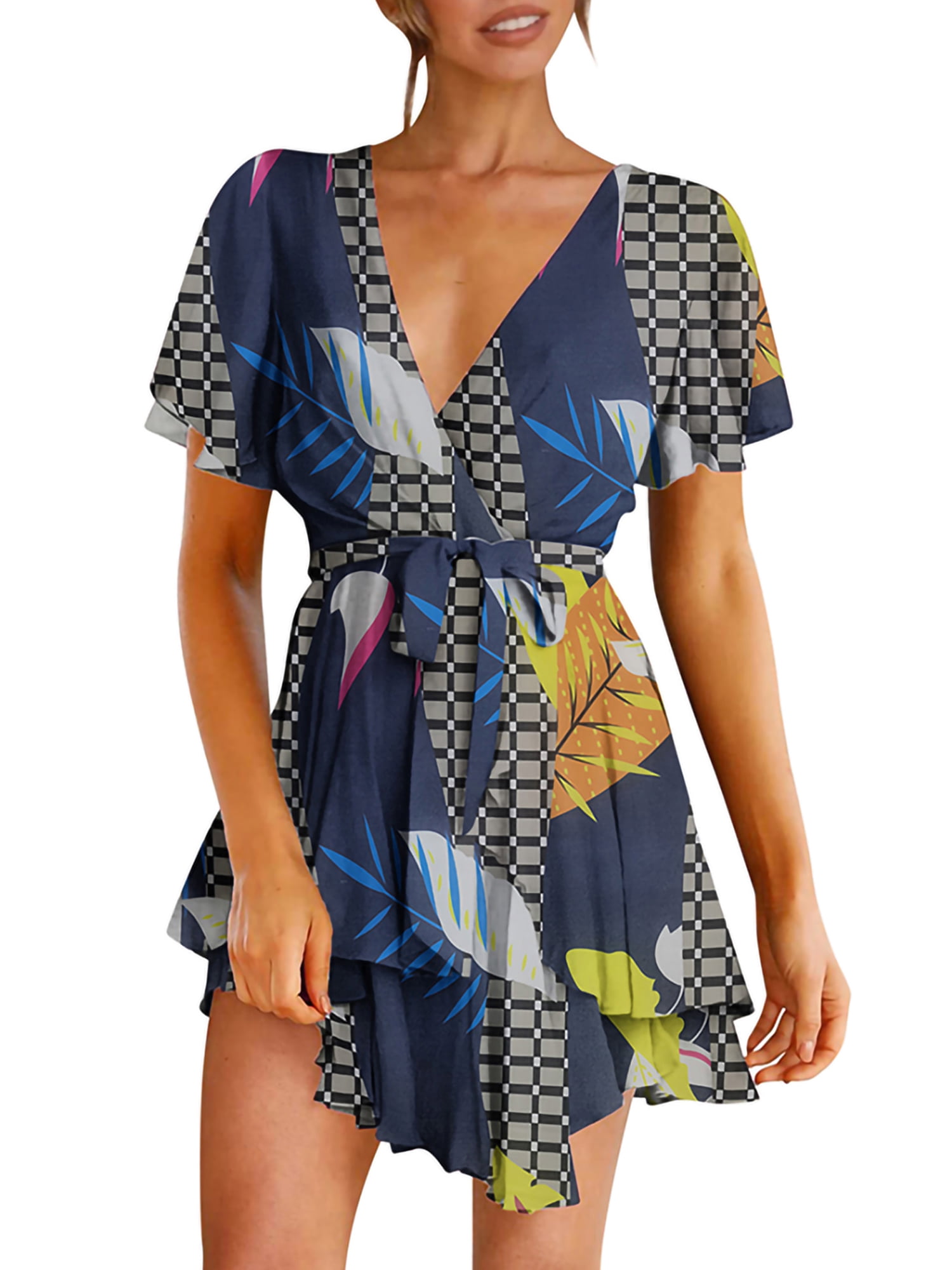 Frontwalk Women Flowy Belted Sundress Polka Dot Mini Shirt Dress Ladies ...