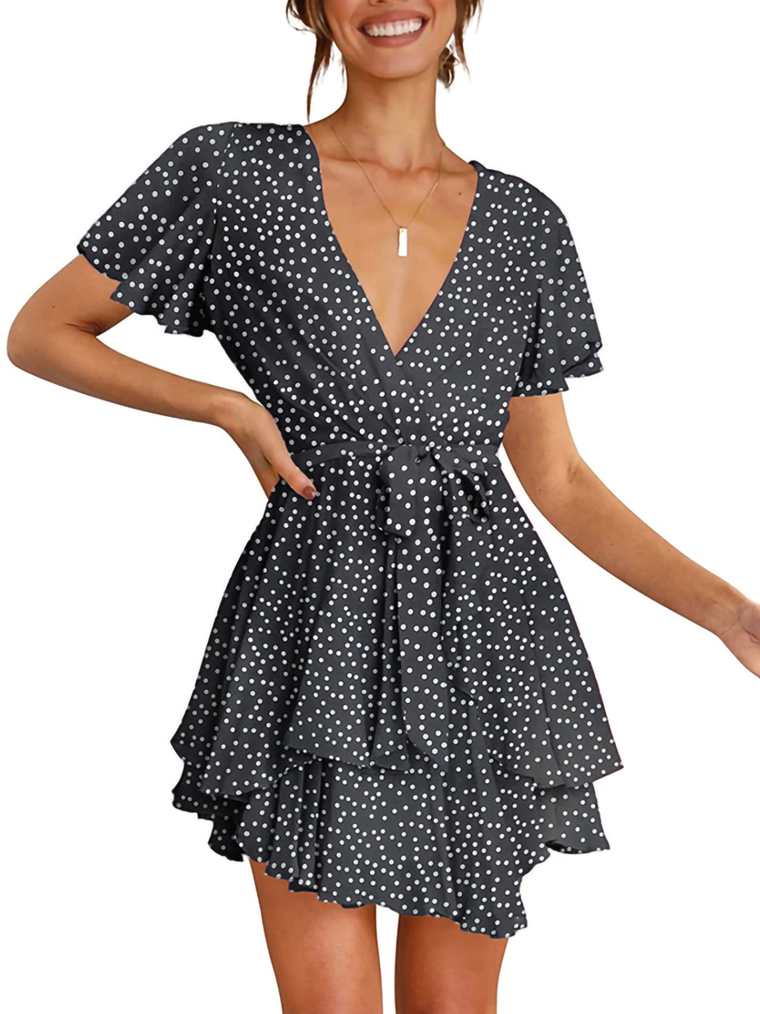 Frontwalk Women Flowy Belted Sundress Polka Dot Mini Shirt Dress Ladies ...