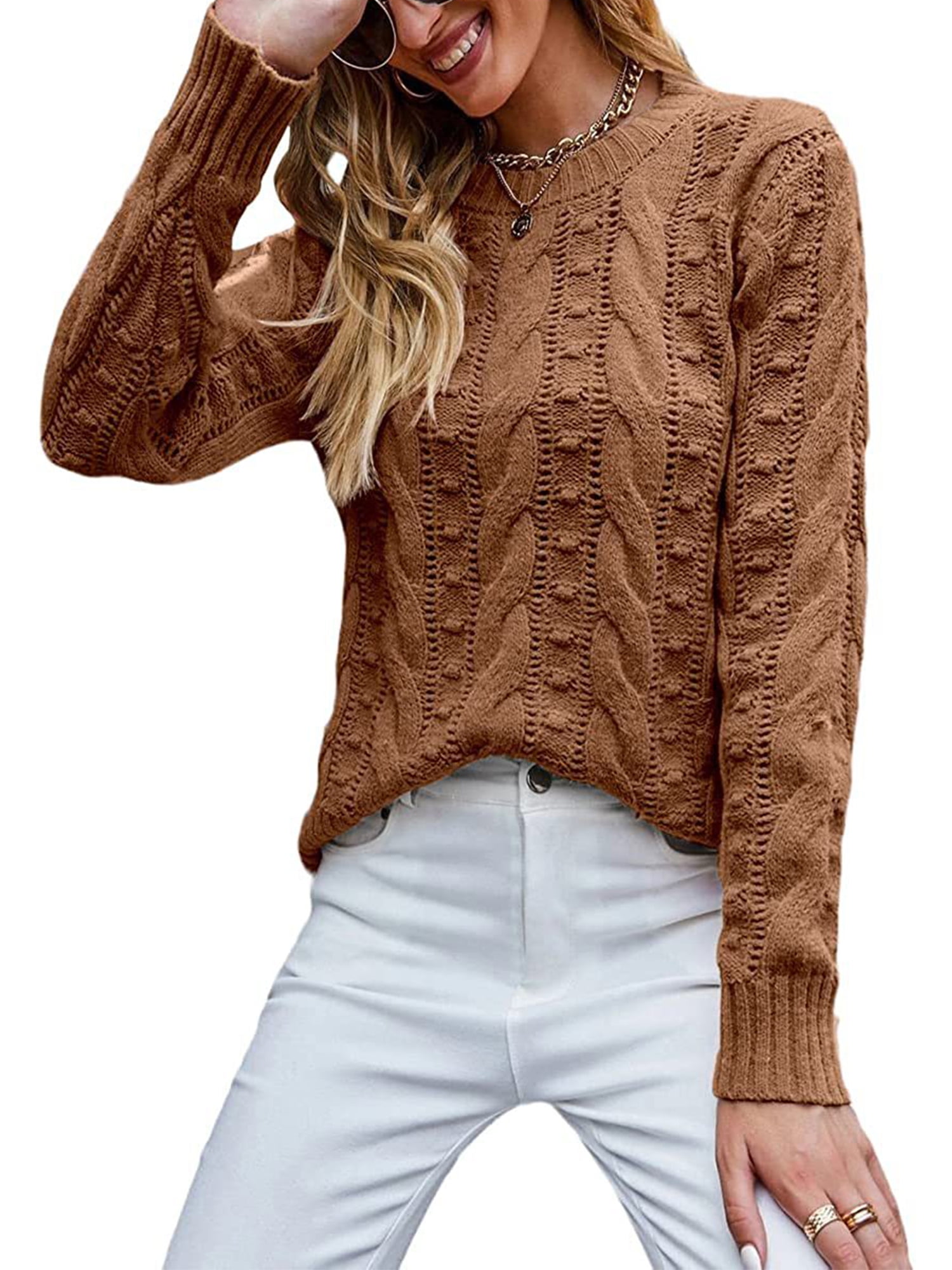 Frontwalk Women Jumper Tops Winter Warm Knitted Sweaters Crew Neck ...