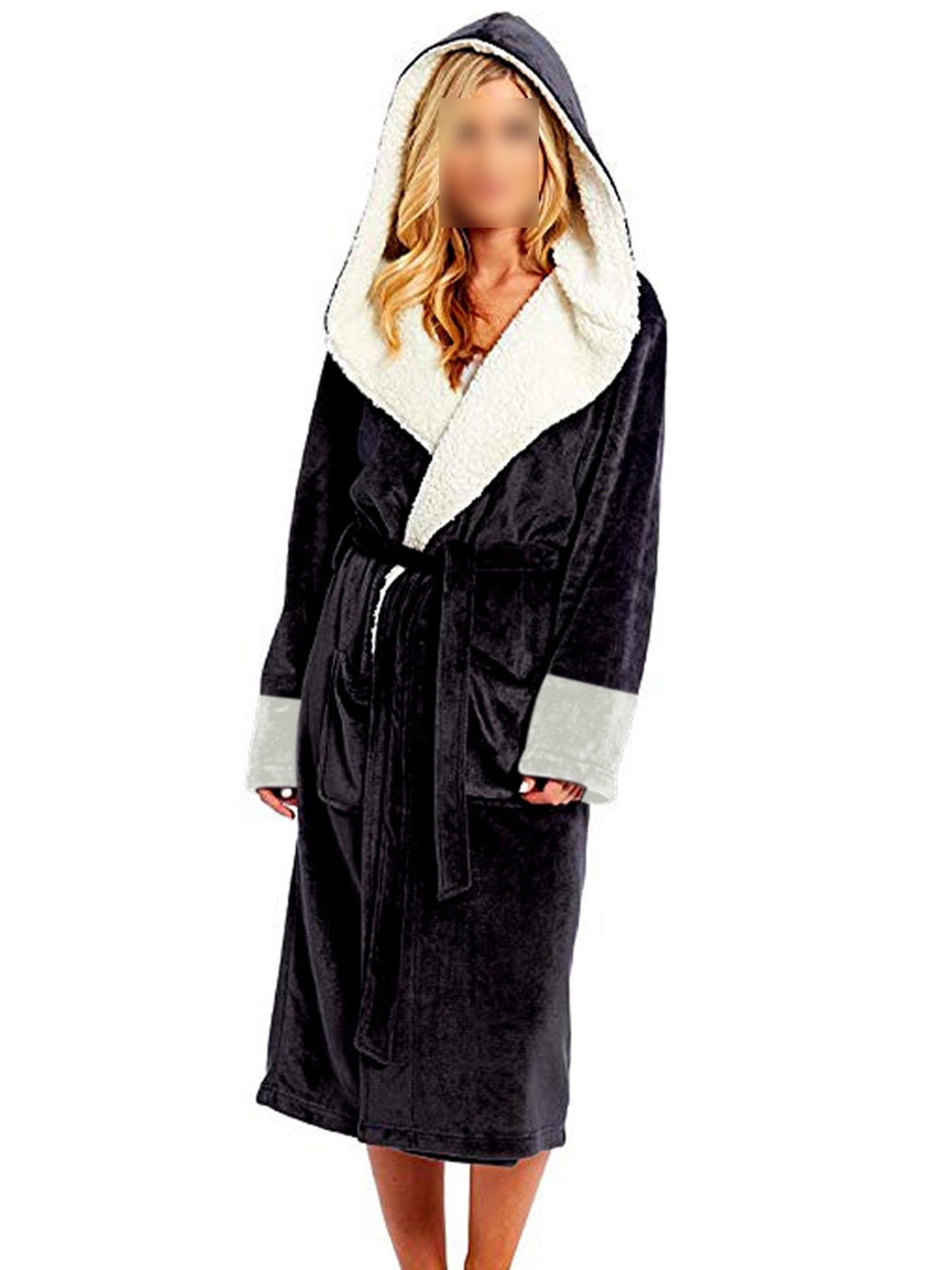 Frontwalk Women Loungewear Fuzzy Plush Bathrobe Hooded Sleepwear Solid