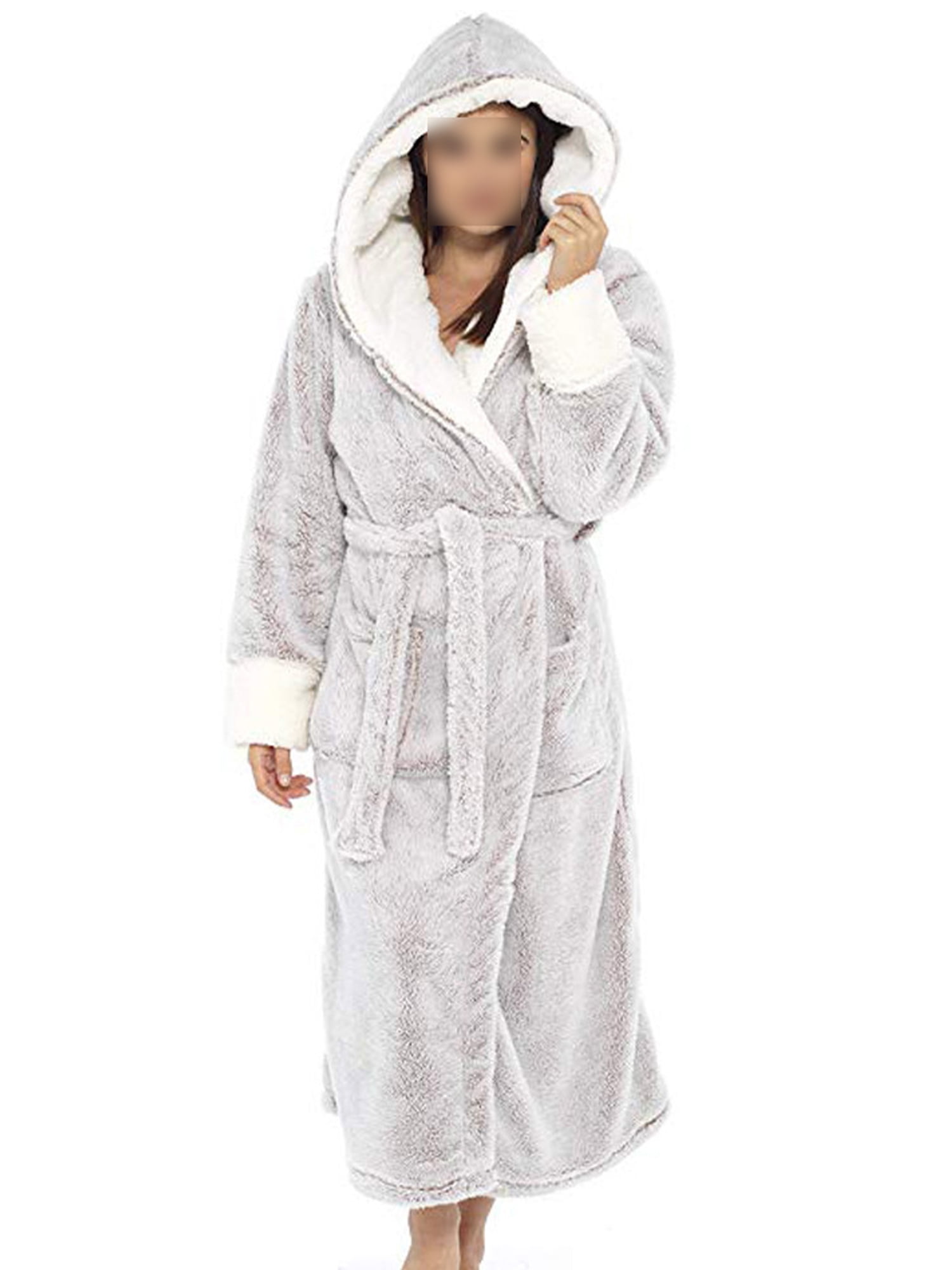 Frontwalk Women Loungewear Fuzzy Plush Bathrobe Hooded Sleepwear Solid ...