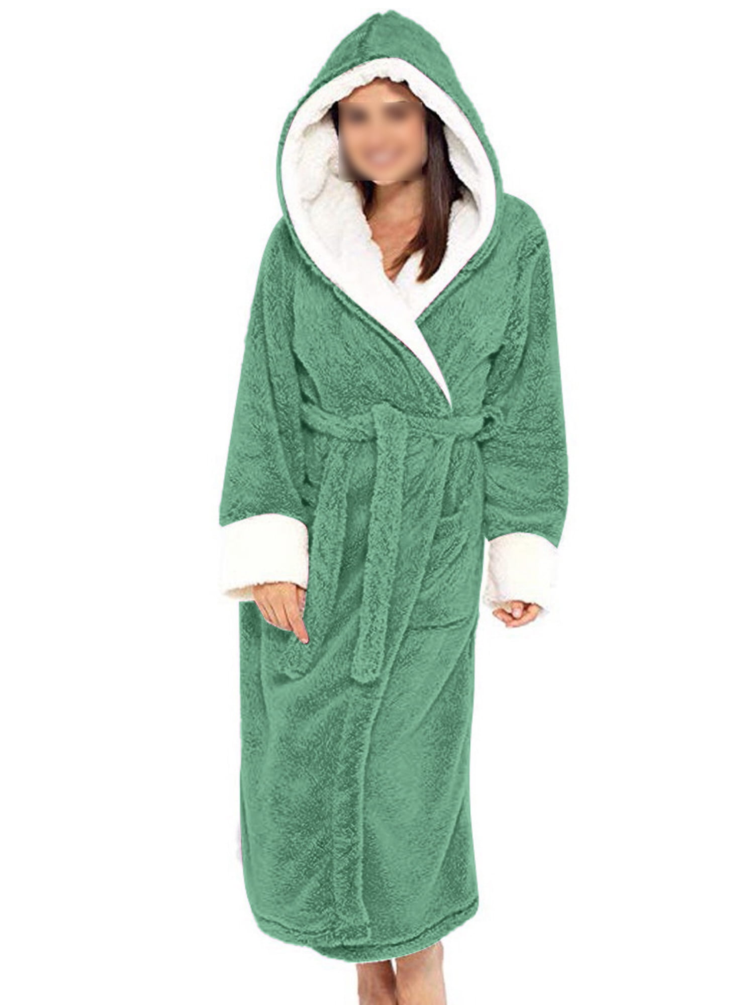 Frontwalk Women Loungewear Fuzzy Plush Bathrobe Hooded Sleepwear Solid