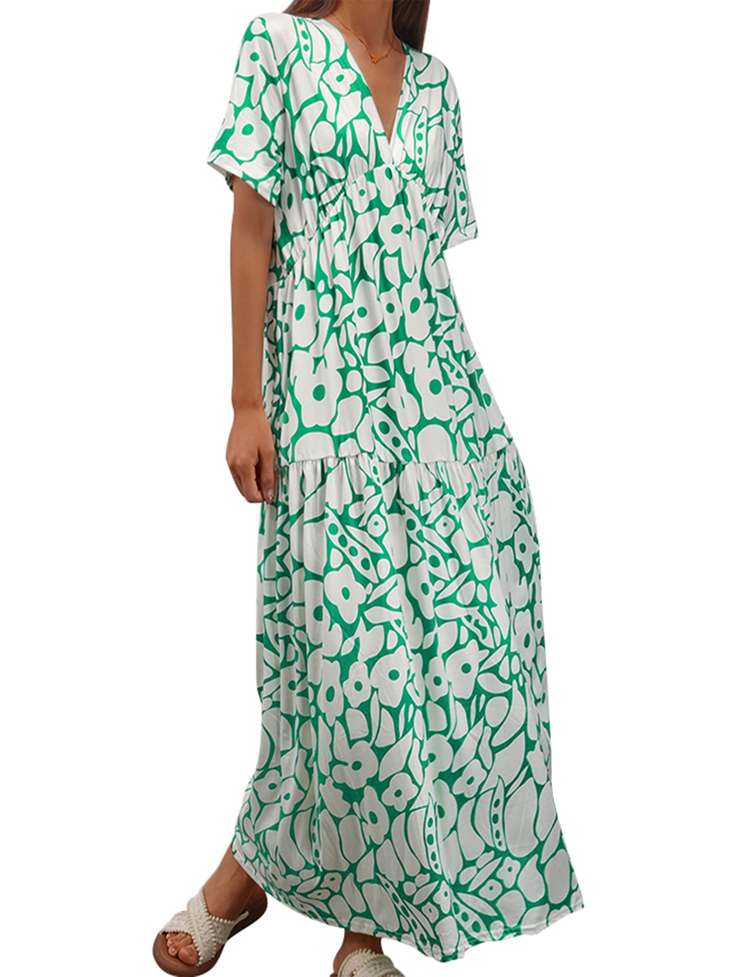 Frontwalk Women Maxi Dress Bohemian Short Sleeve Wrap V Neck Floral ...